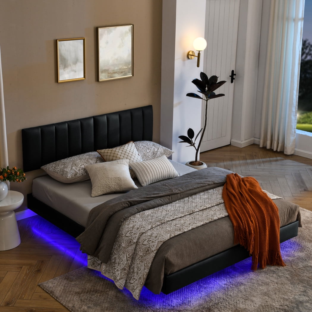 Queen Floating Bed Frame with LED Lights, Modern Low Profile Led ...