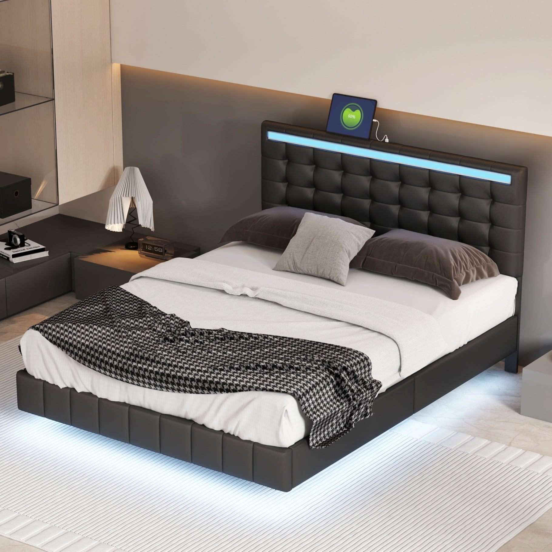 Queen Floating Bed Frame with LED Lights and USB Charging Station, PU ...