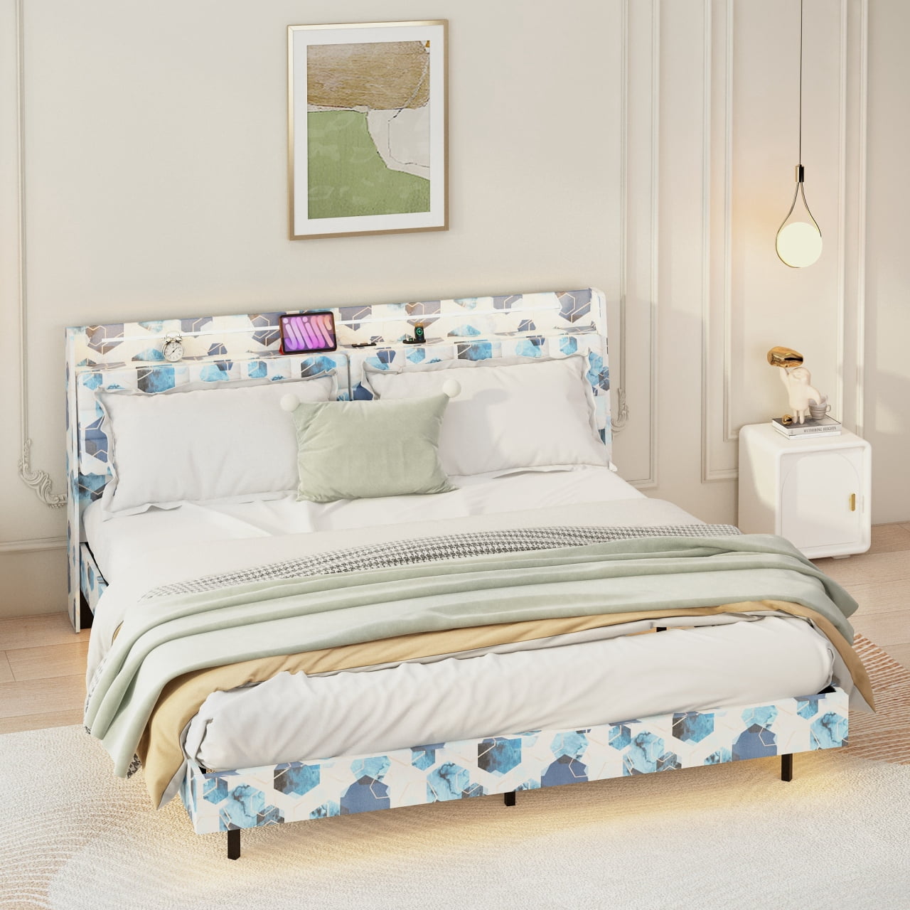 Queen Floating Bed Frame with LED Lights, Upholstered Headboard with ...