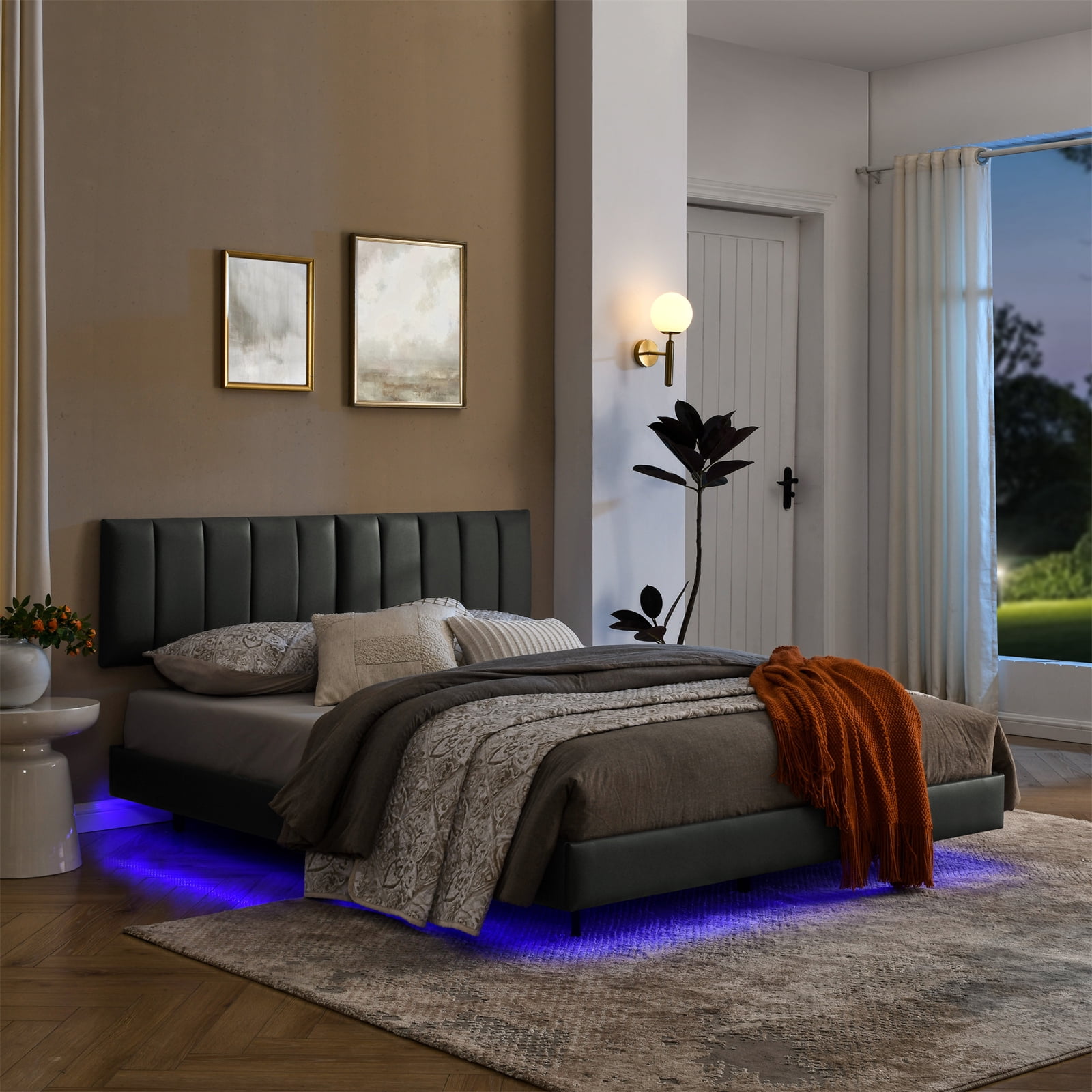 Queen Floating Bed Frame with LED Lights and Wall Mounted Headboard ...