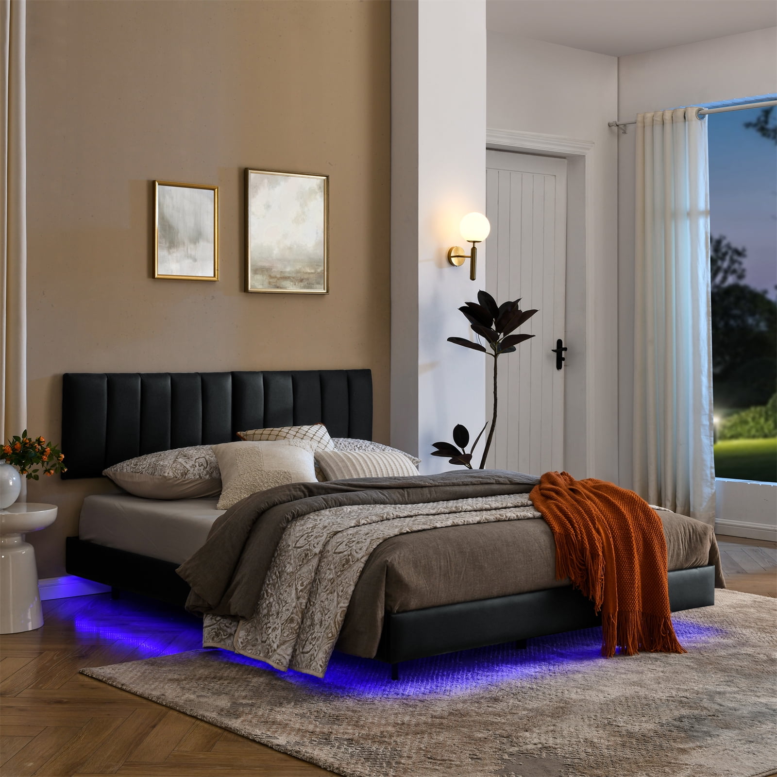 Queen Floating Bed Frame with LED Lights and Wall Mounted Headboard ...