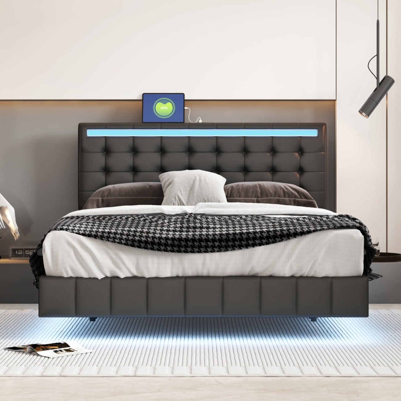 Queen Floating Bed Frame, PU Leather Upholstered Platform Beds with LED ...