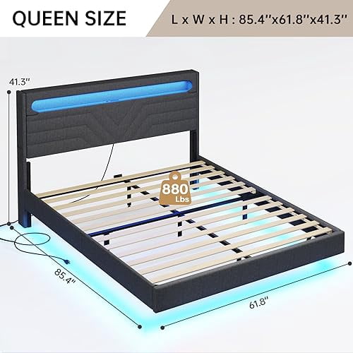 Queen Floating Bed Frame with RGB LED Lights Headboard, USB-C/A Power ...