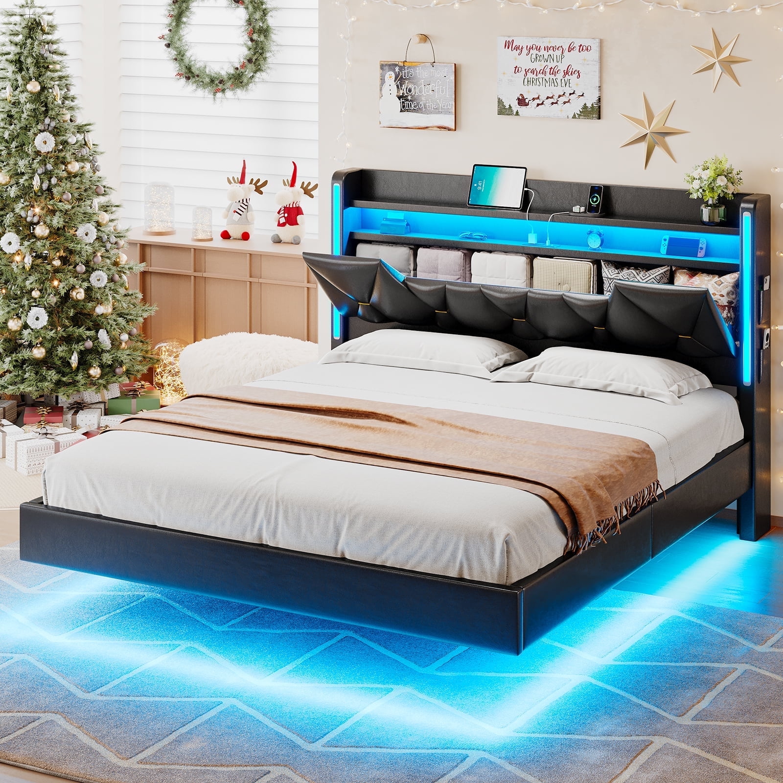 Queen Floating Bed Frame with Storage Headboard, Floating Queen Bed ...