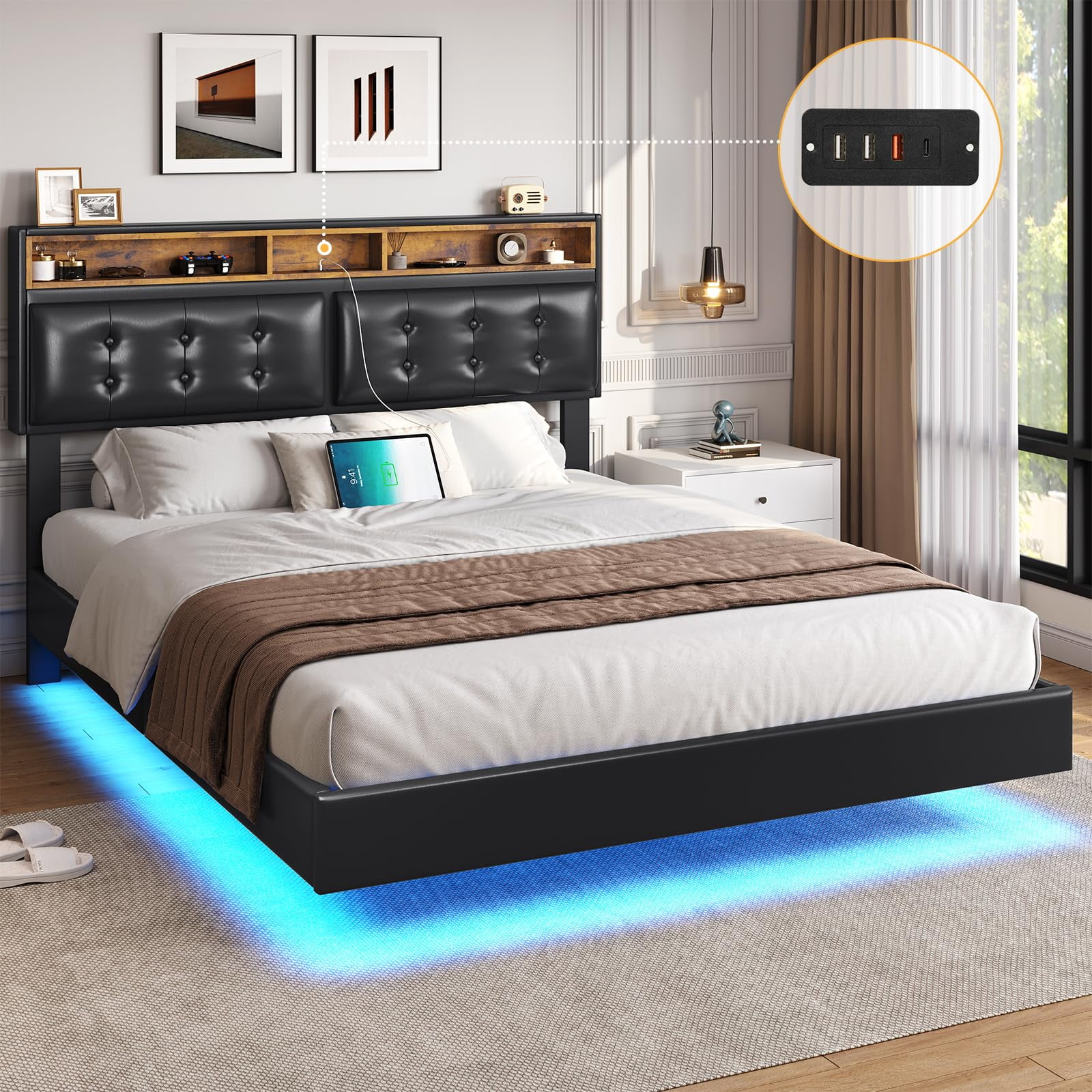 Queen Floating Bed Frame with Storage Headboard and Led Lights and ...