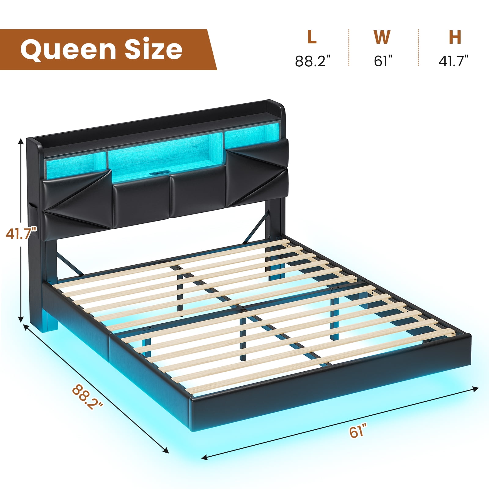 Queen Floating Bed Frame with Storage Headboard and Power Outlet ...