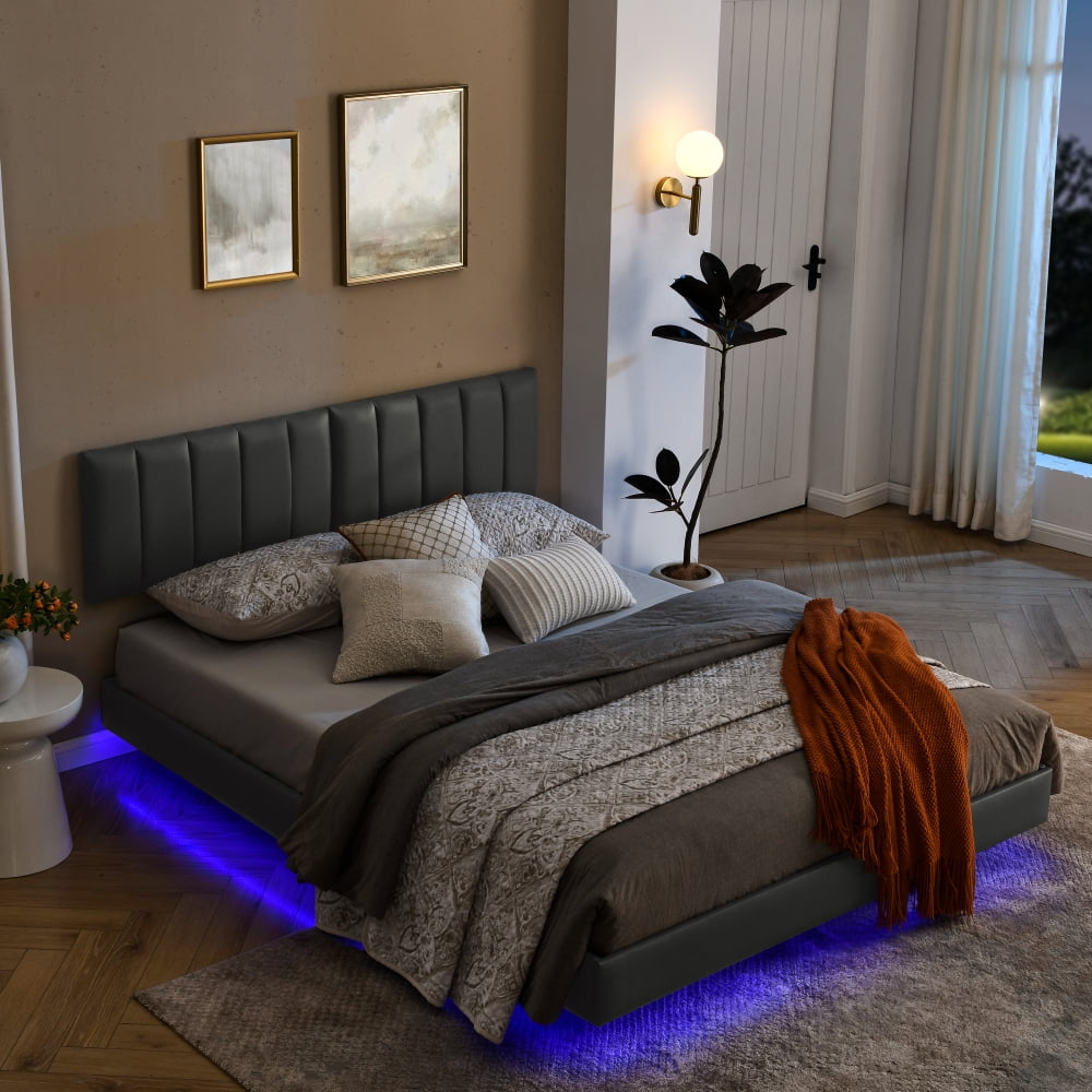 Queen Floating Bed Frame with Wall Mounted Headboard Modern Low Profile ...