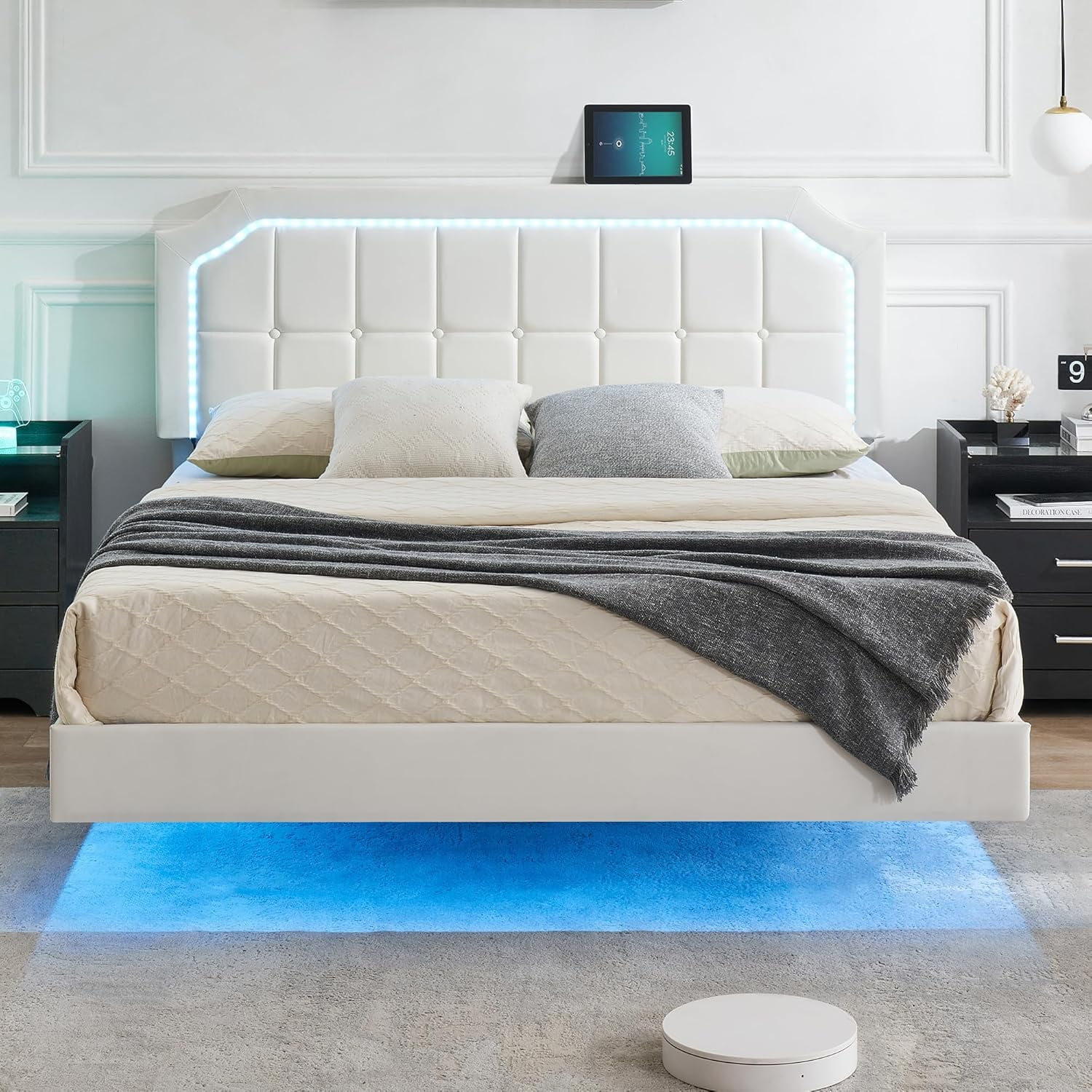 Queen Floating Bed Frame With Upholstered Headboard-RGB LED Lights-No ...