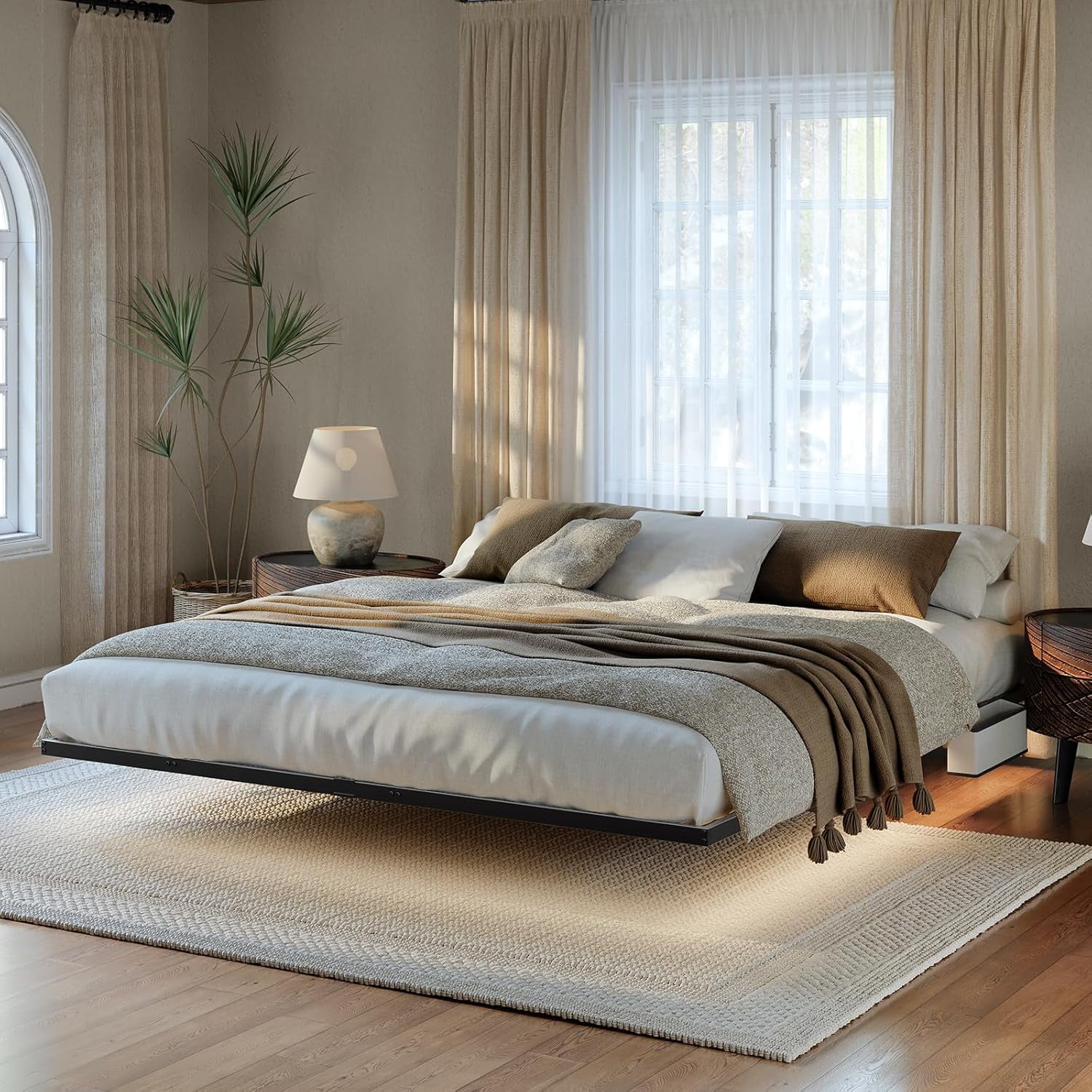 Queen Floating Bed Frame with Bedside Caddy, LED Floating Metal ...