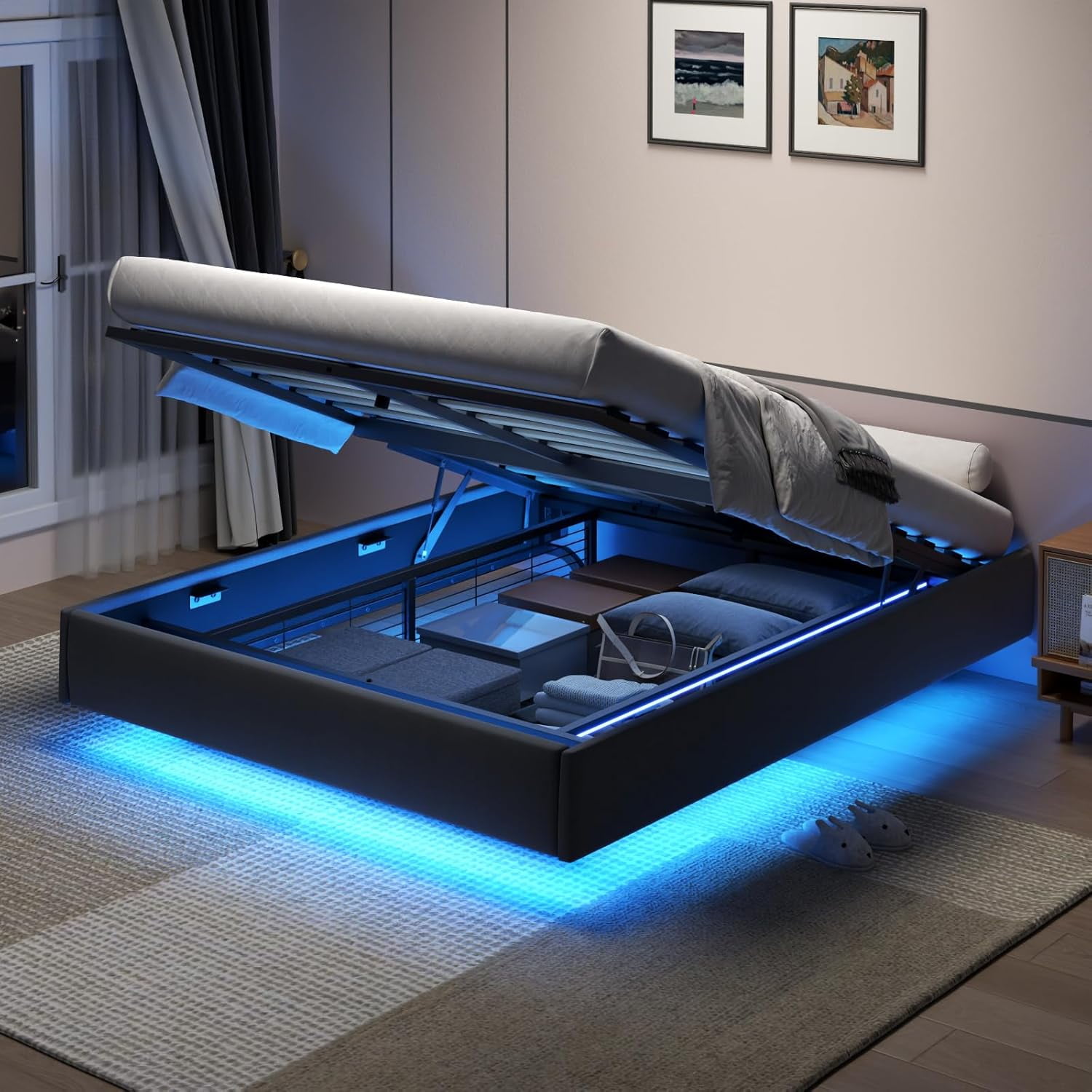 Queen Floating Lift Up Bed Frame with LED Light, Modern Metal Platform ...