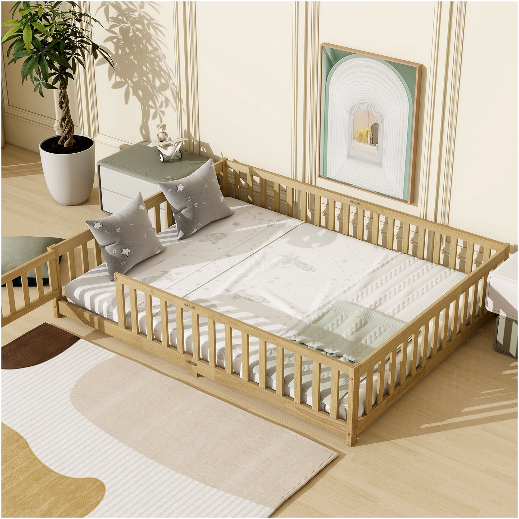 Queen Floor Bed Frame with Safety Rails, Low Profile Platform Bed for ...