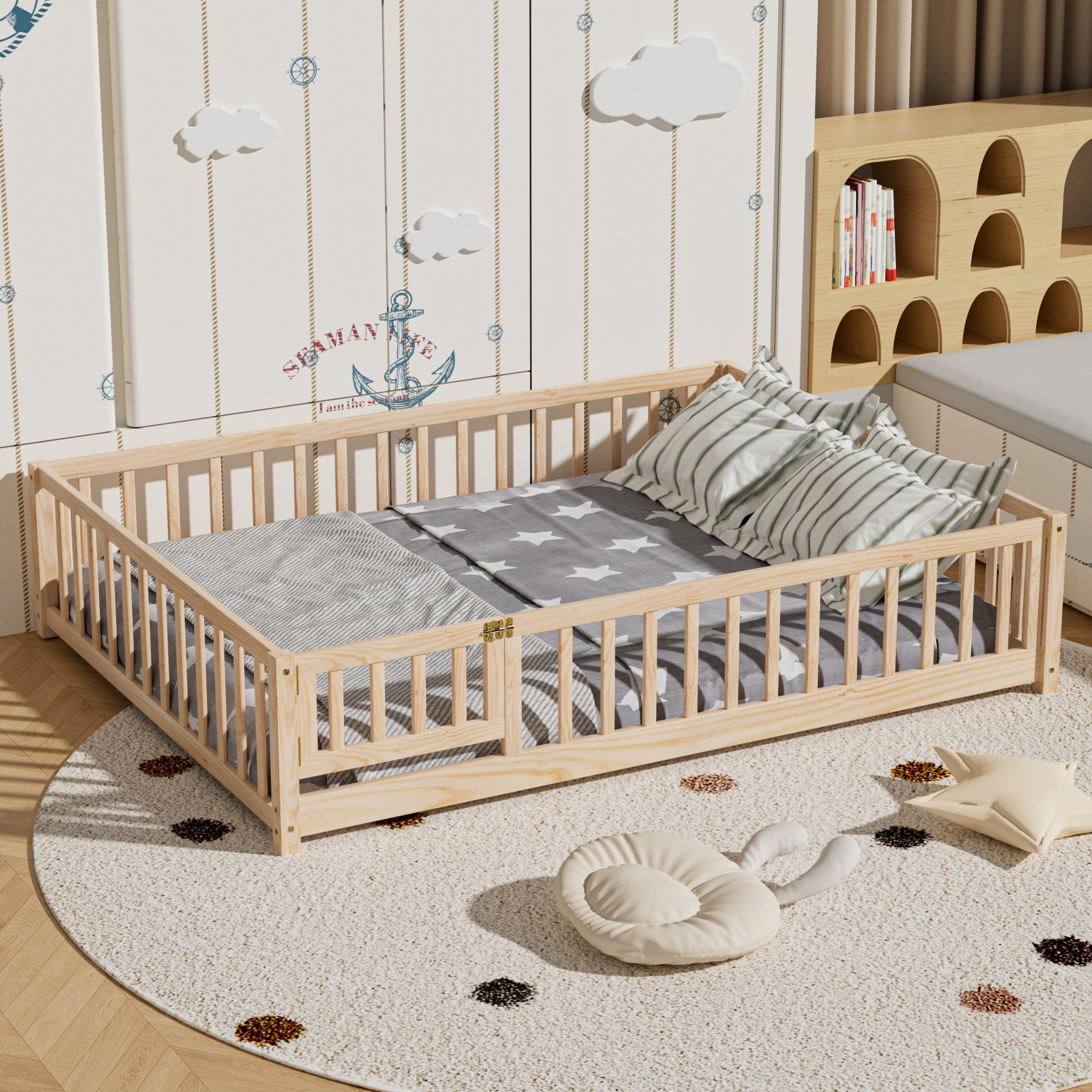 Triple Tree Queen Size Floor Bed for Toddlers, Montessori Bed with ...