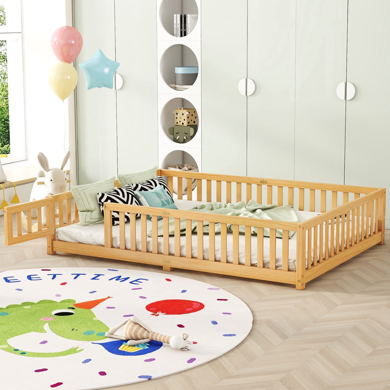 Queen Floor Bed with Slats, Montessori Wood Floor Bed Frame with Fence ...