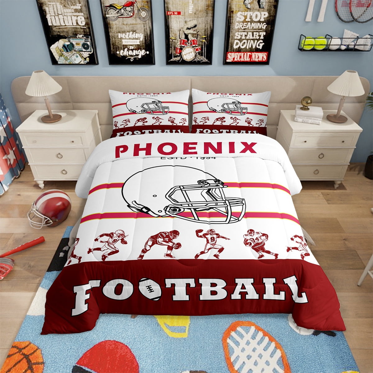 Queen Football Comforter for Football Player,Teen American Football Bedding Set ,White Red ...