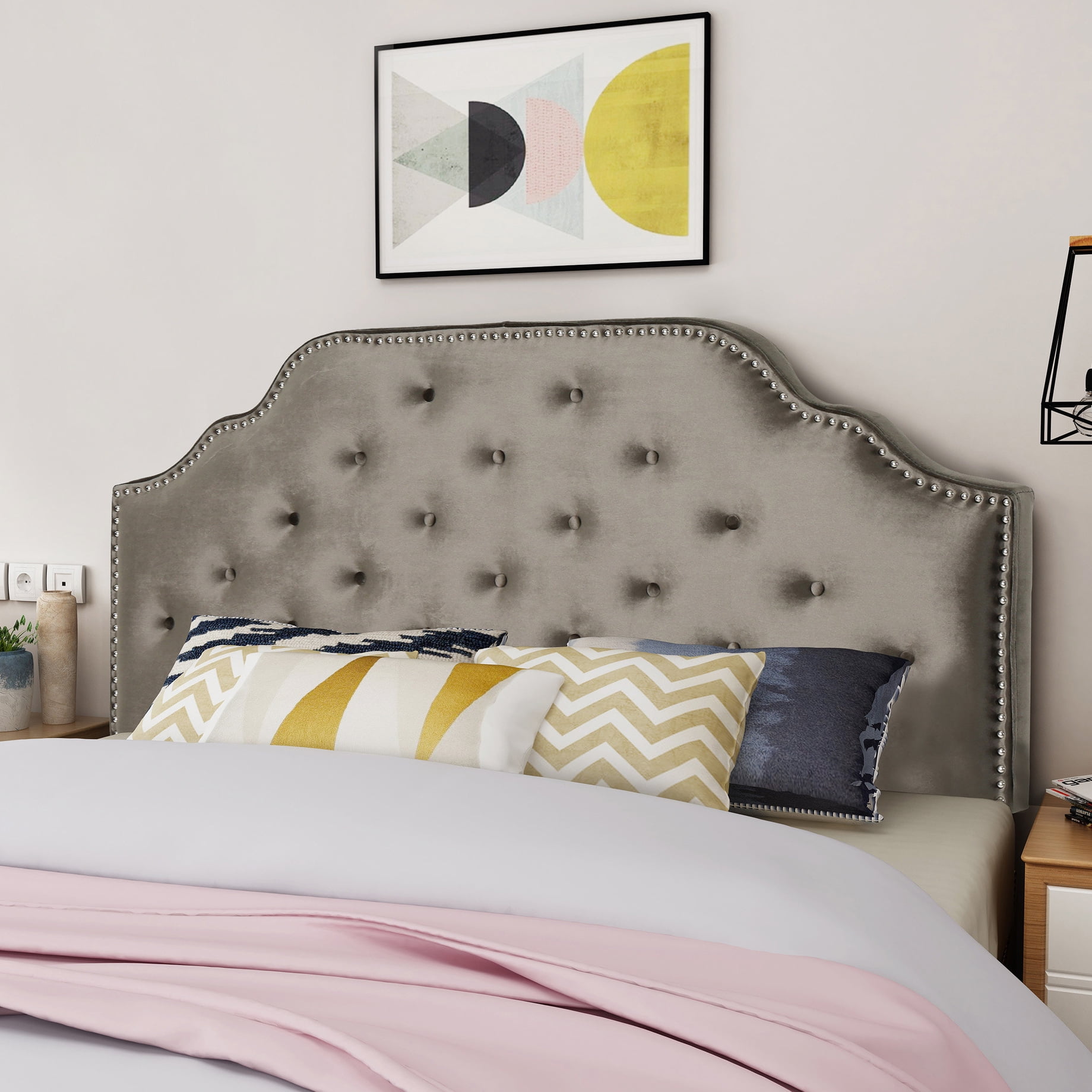 Queen & Full Sized Headboard In Captivating Grey Velvet With Button ...