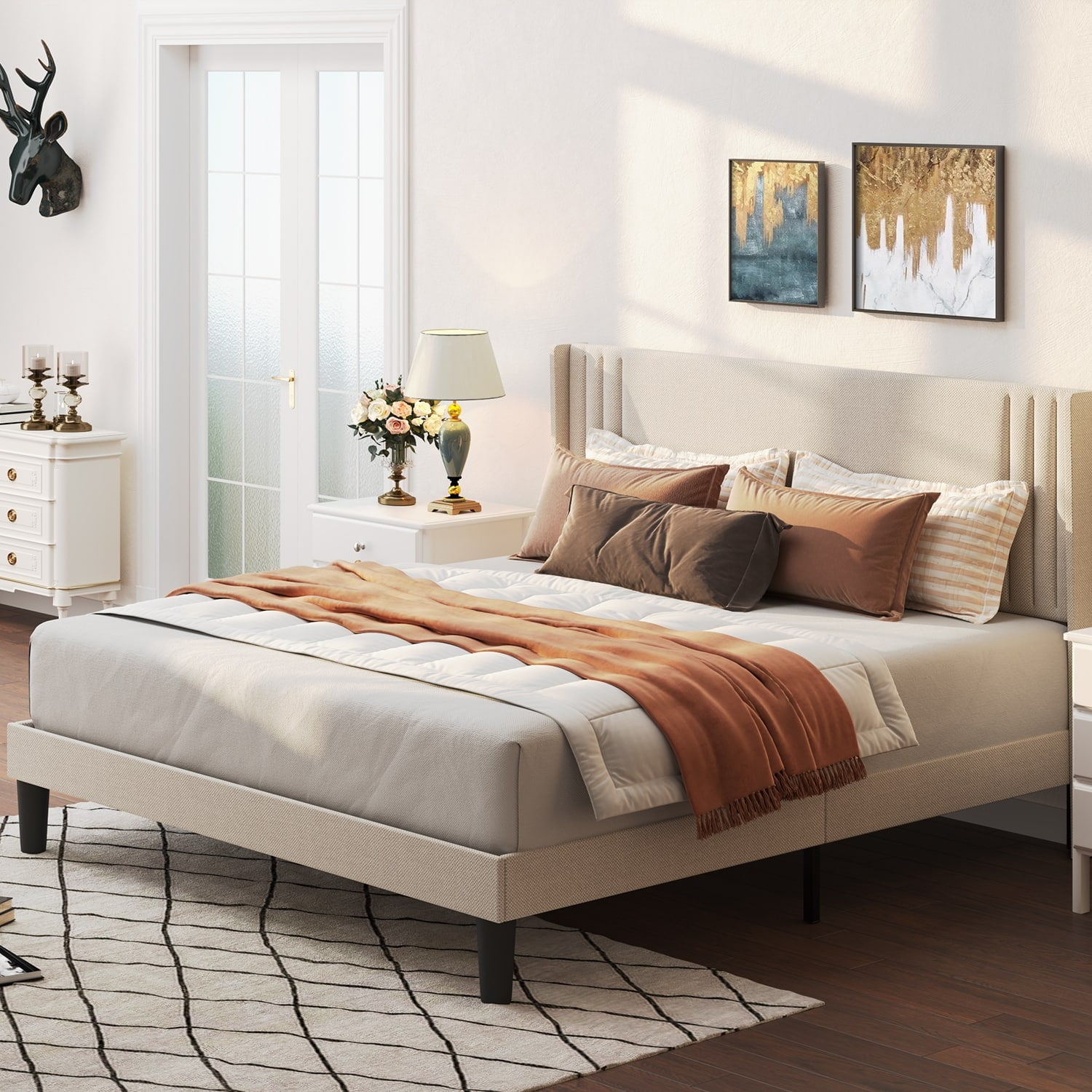 Queen/ Full Vertical Channels Upholstered Bed with Wingback Headboard ...