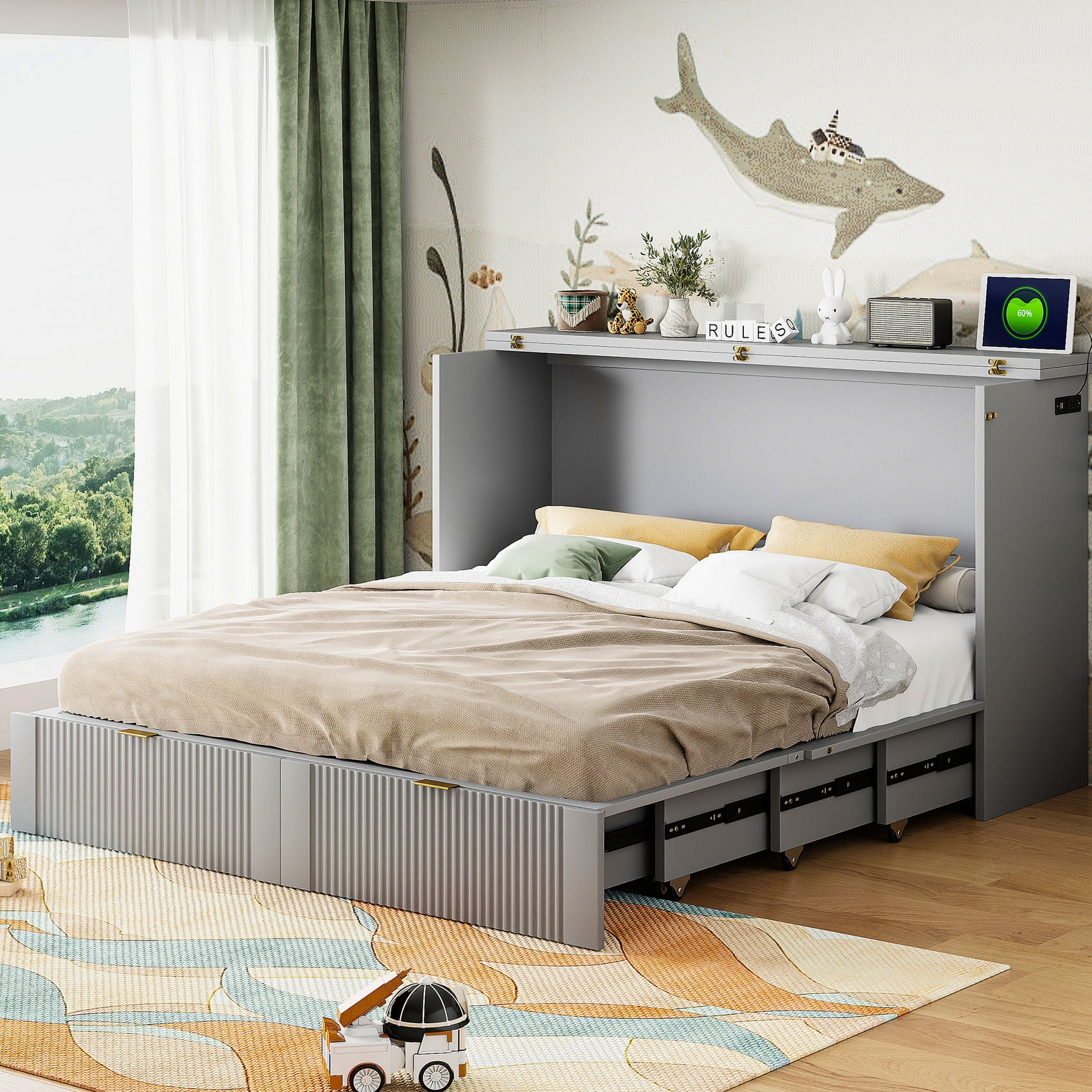 Queen Gray Murphy Bed with Pulley Structure and Flexible Slats/Becomes ...