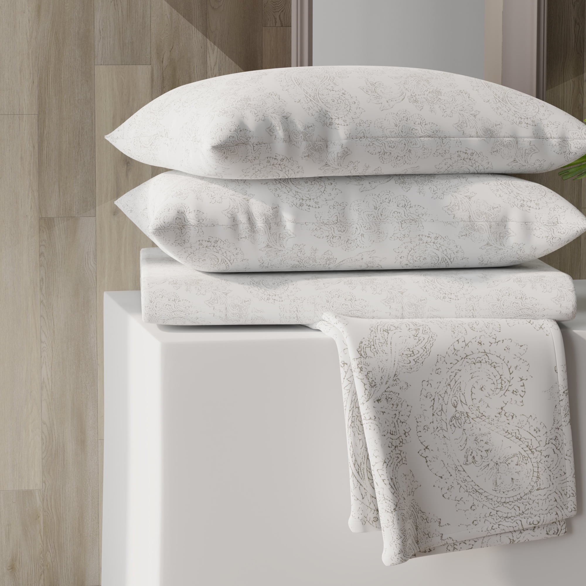 Queen Grey Paisely Brushed Cool & Crisp Cotton Blend Percale 4-Piece ...