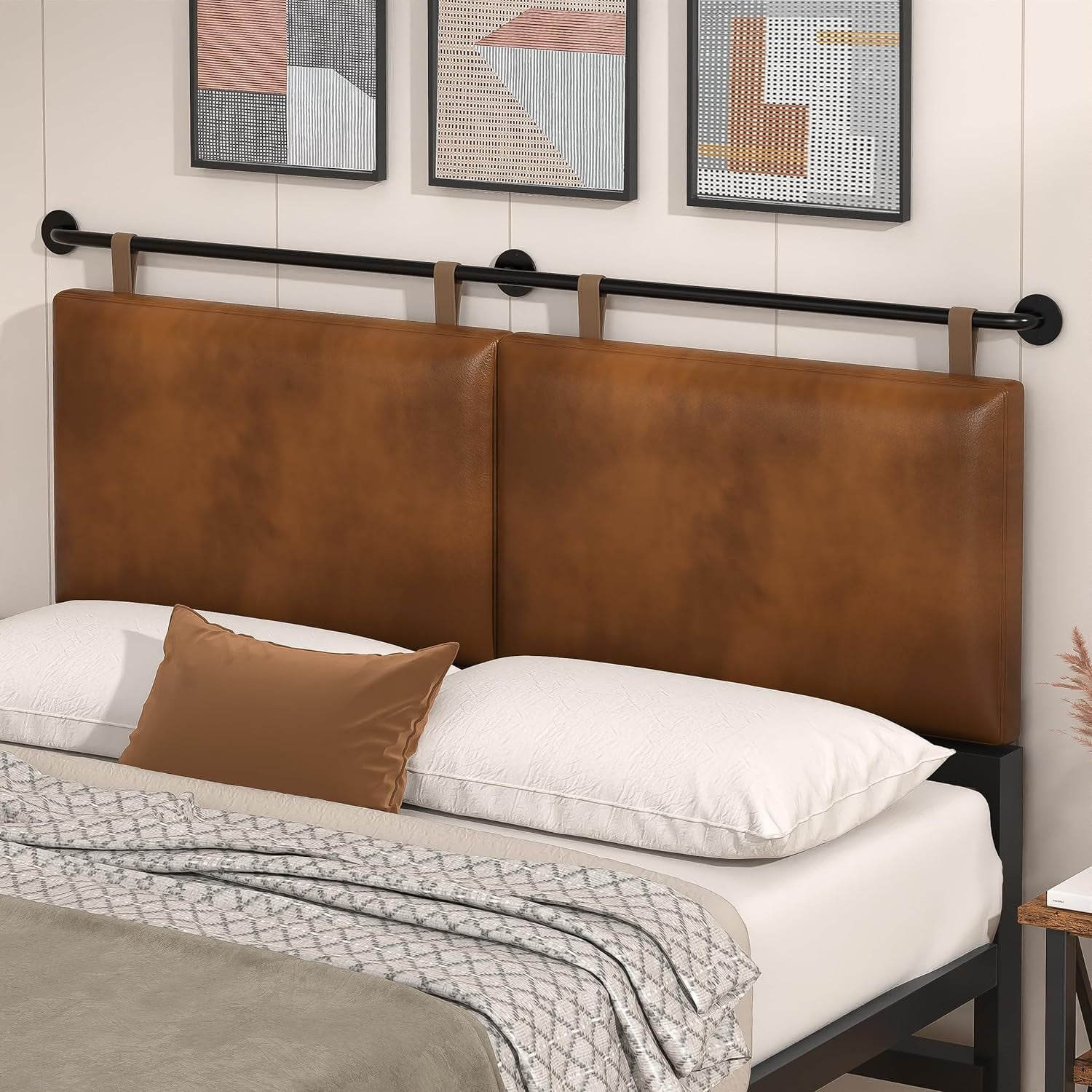 Queen Headboard, Hanging Headboards with Brown Faux Leather Industrial ...