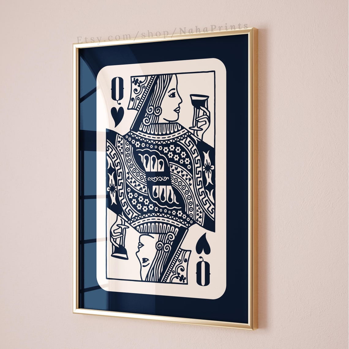 Queen Of Hearts Playing Card Print, Funky Retro Wall Art Poster, Navy ...