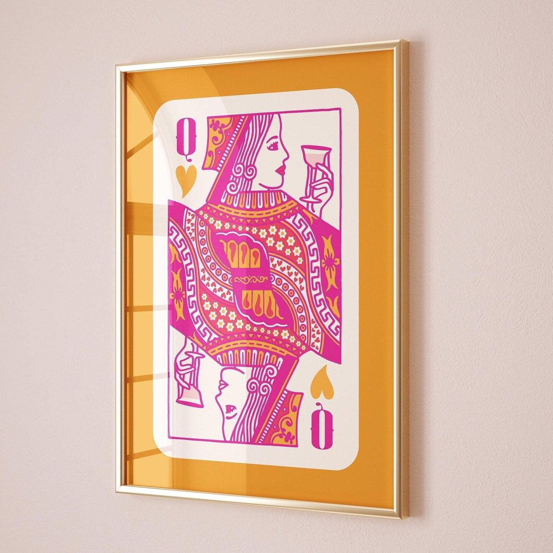 Queen Of Hearts Playing Card Prints, Pink And Orange Wall Art, Preppy ...