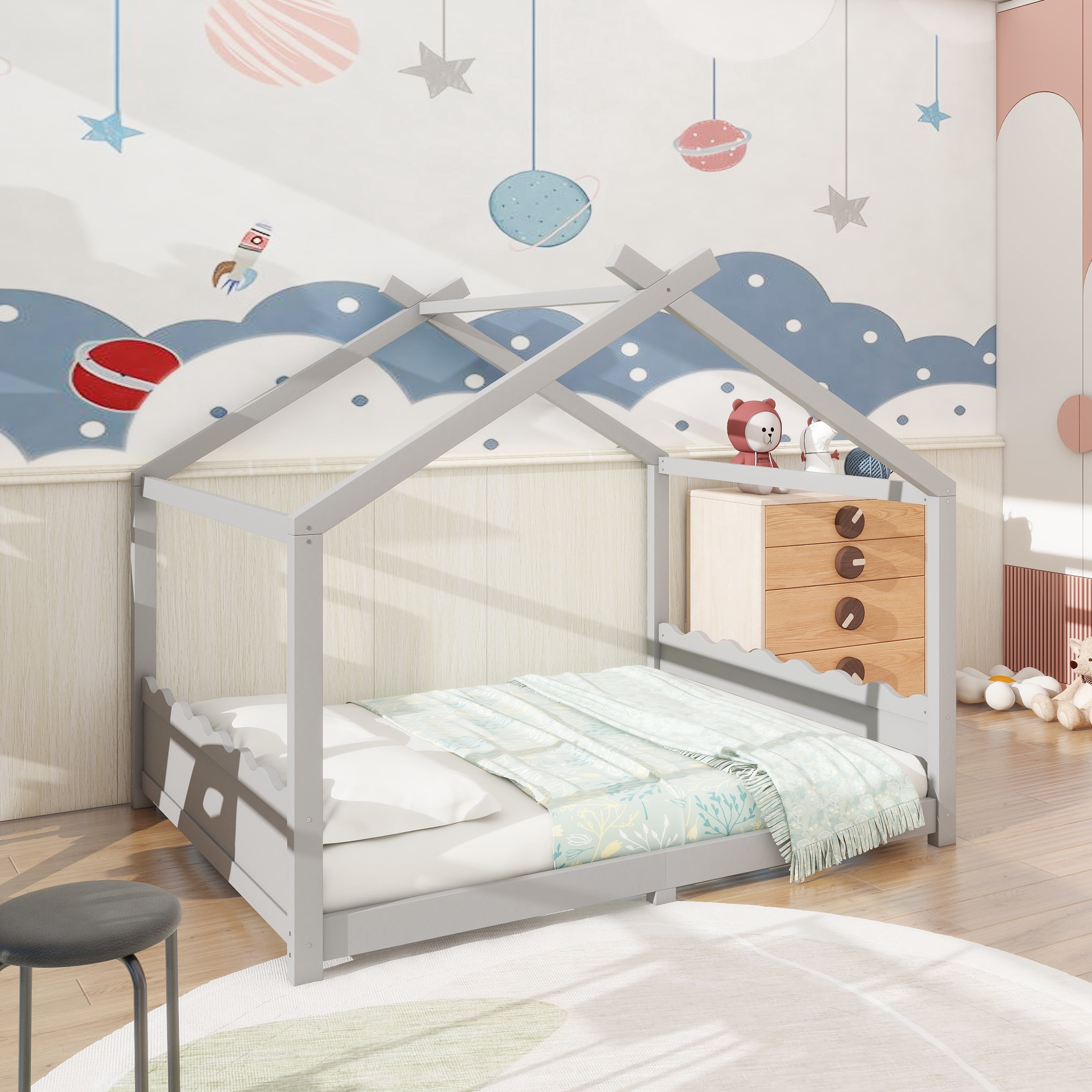 Queen House Floor Bed with Support Slats, Solid Wood House Bed Frame ...