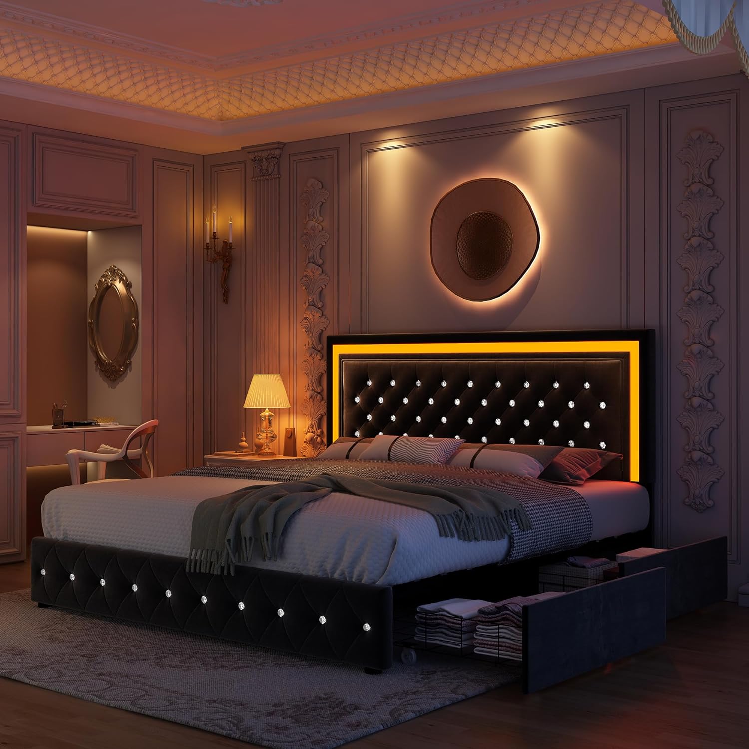 Queen LED Bed Frame with 4 Storage Drawers Adjustable Headboard with ...