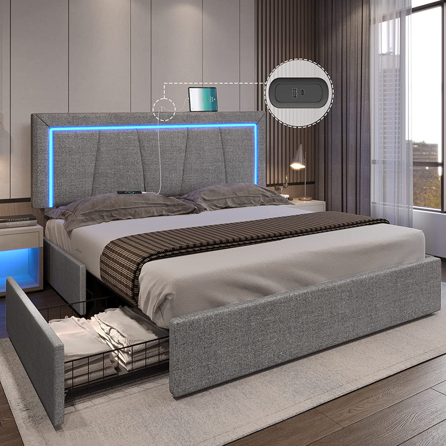 Queen LED Bed Frame with 2 USB Ports&LED Headboard, Modern Upholstered ...