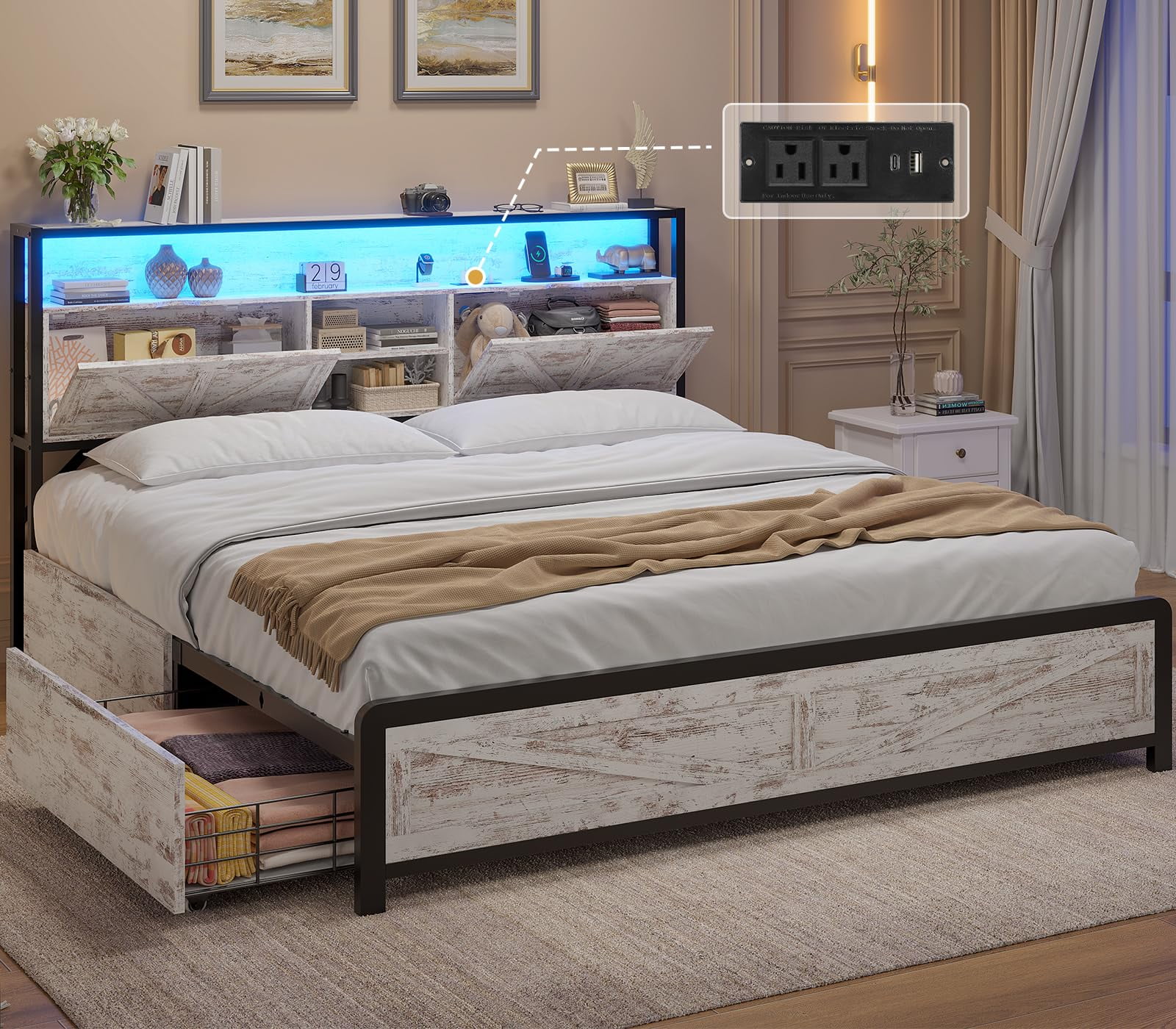 Queen LED Bed Frame with Charging Station, 4 Drawers, Hidden Storage ...