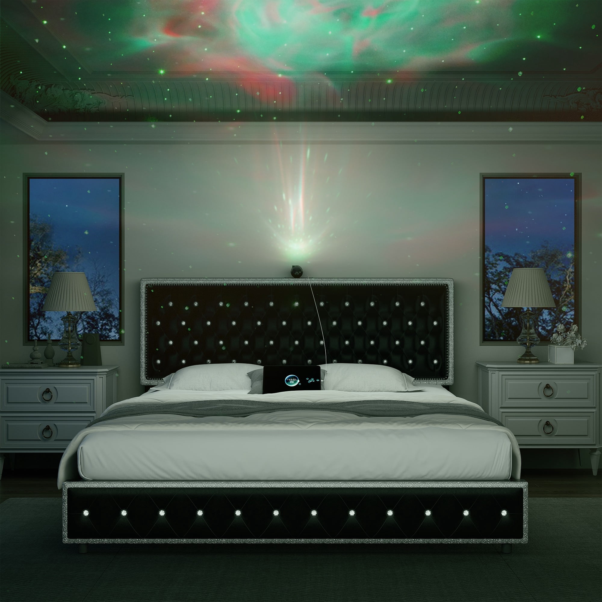 Queen LED Bed Frame with Galaxy Star Projector, Adjustable Diamond ...