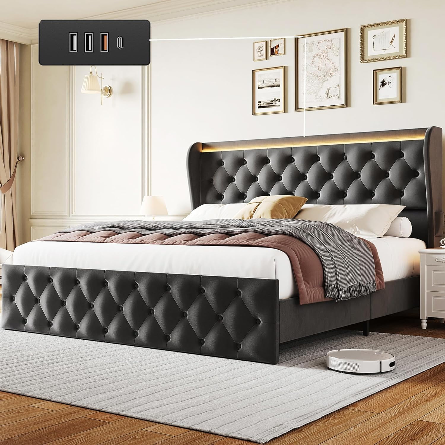 Queen LED Platform Bed Frame with Charging Station Velvet Upholstered ...