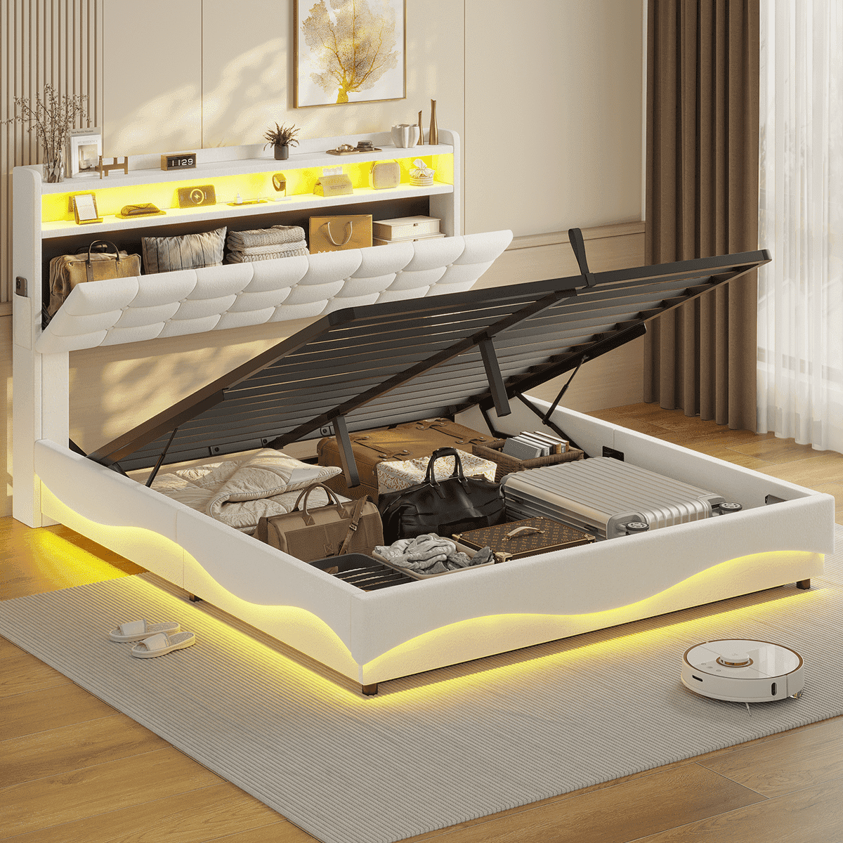 Queen Lift Up Storage Bed Frame with LED Lights and Charging Station ...