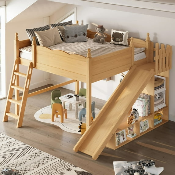 Queen Loft Bed with Storage Shelves and Cabinet, Solid Wood Loft Beds ...