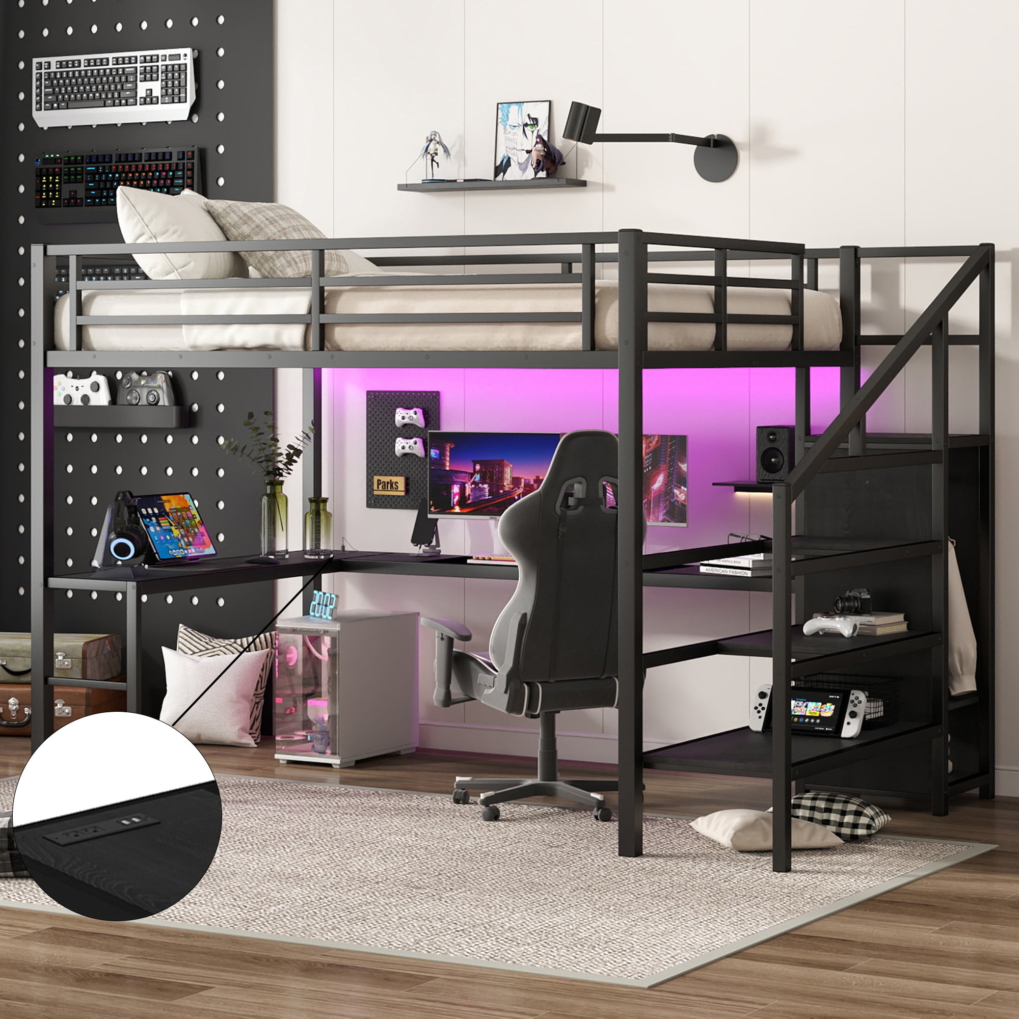 Queen Luxury Canopy Loft Bed – 4-Poster Design with Sheer Curtains ...