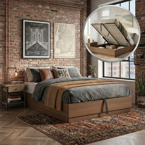 Queen Luxury Lift up Storage Headboard-Free Platform Bed with Recessed ...