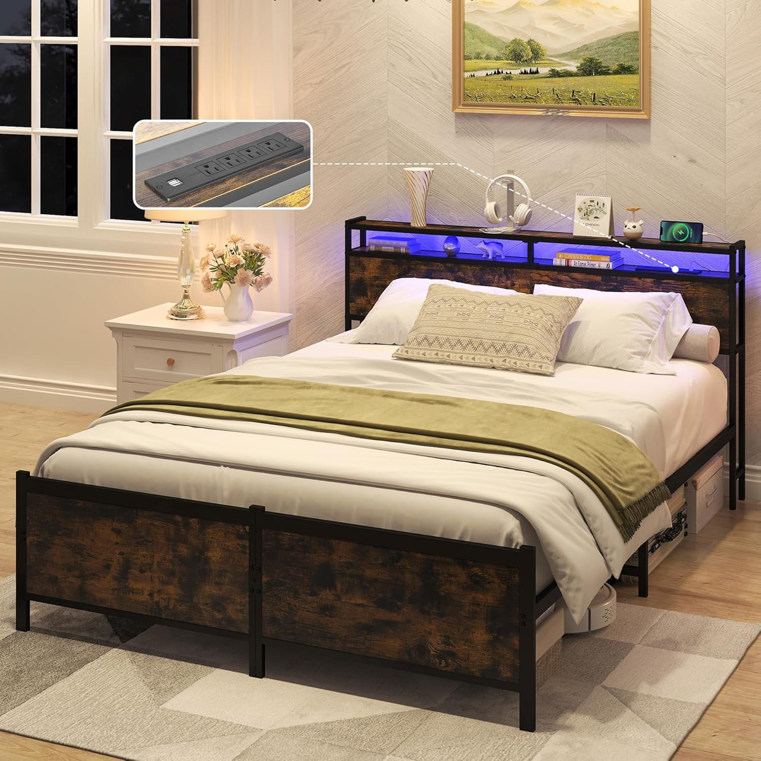 Queen Metal Bed Frame with Charging Station, Light Wood Bed Frame with LED, Storage Headboard ...