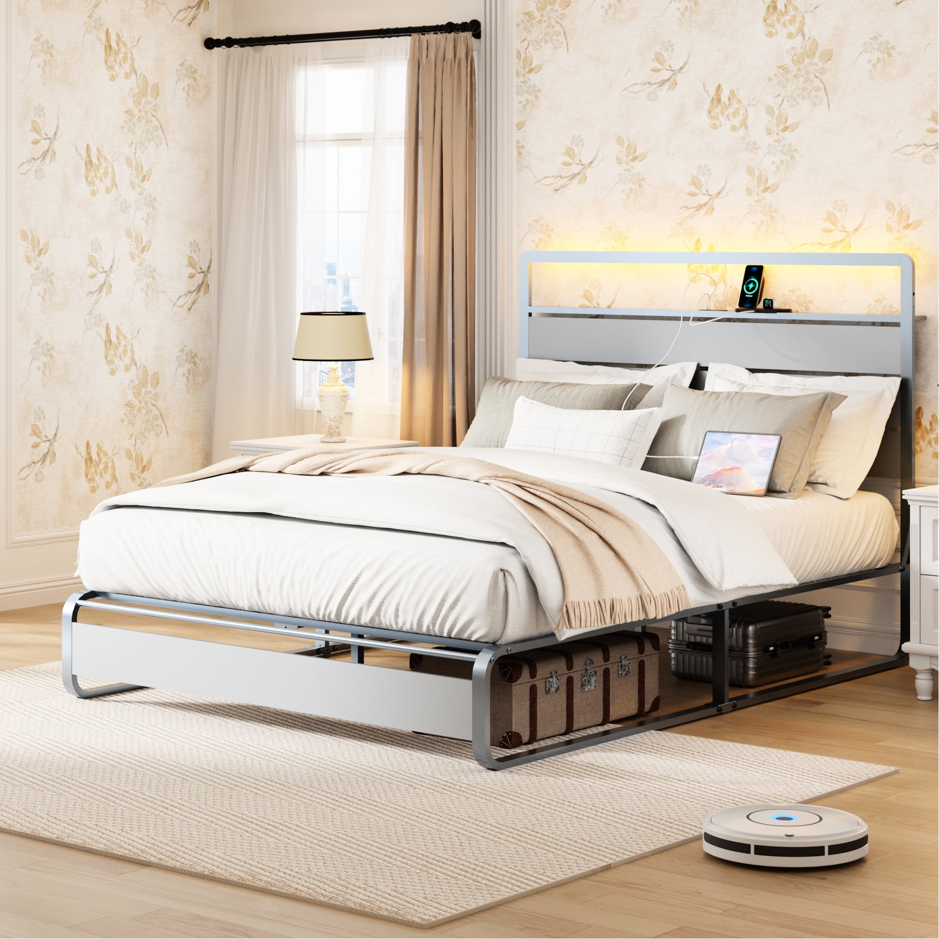 Queen Metal Bed Frame With Functional Headboard, Charging & Led, Design, Quiet Operation, Easy ...