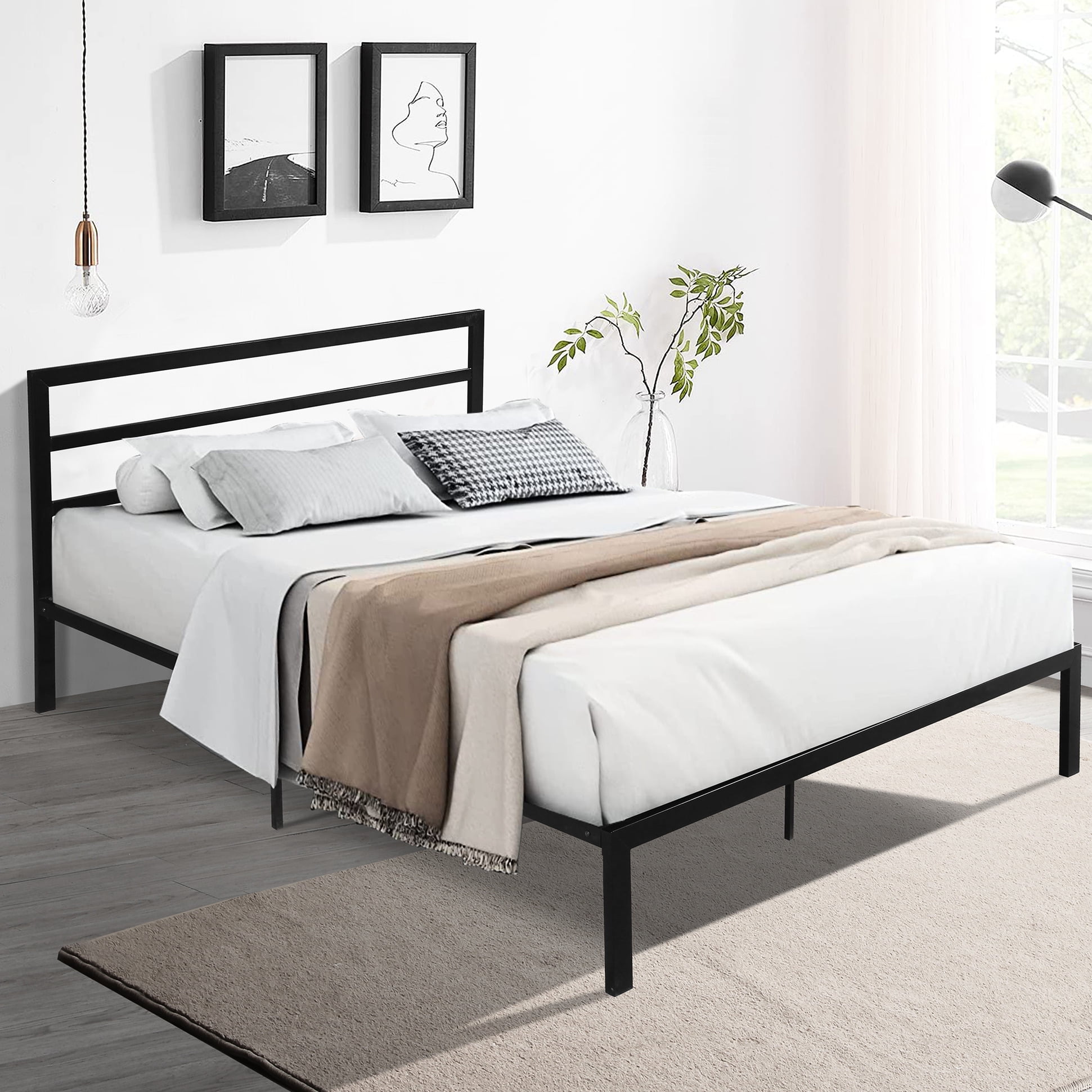 Queen Metal Bed Frame With Headboard, Black. Modern Bedroom Luxury Aspect. Construction For ...