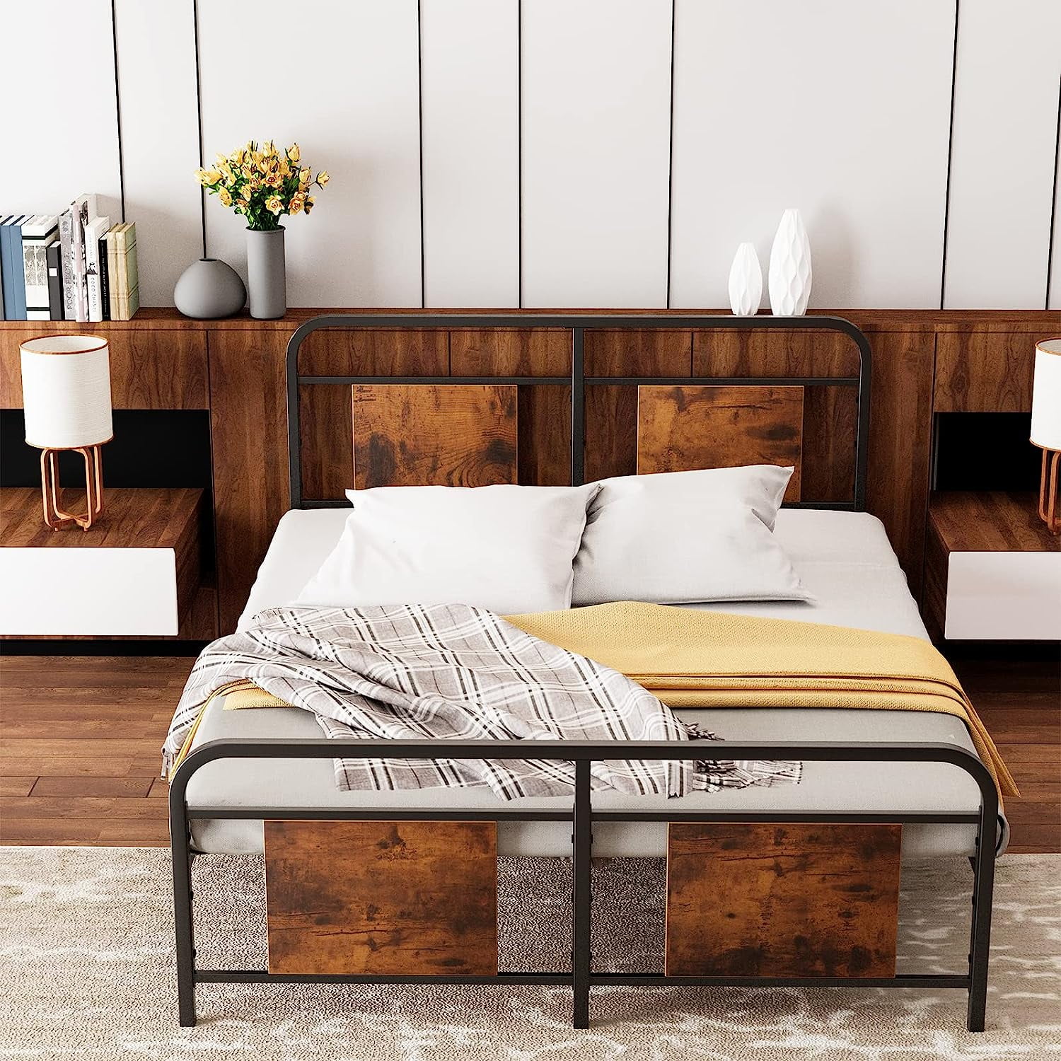 Heavy Duty Queen Metal Bed Frame, Wooden Head/Foot Board, Non-Slip, No ...