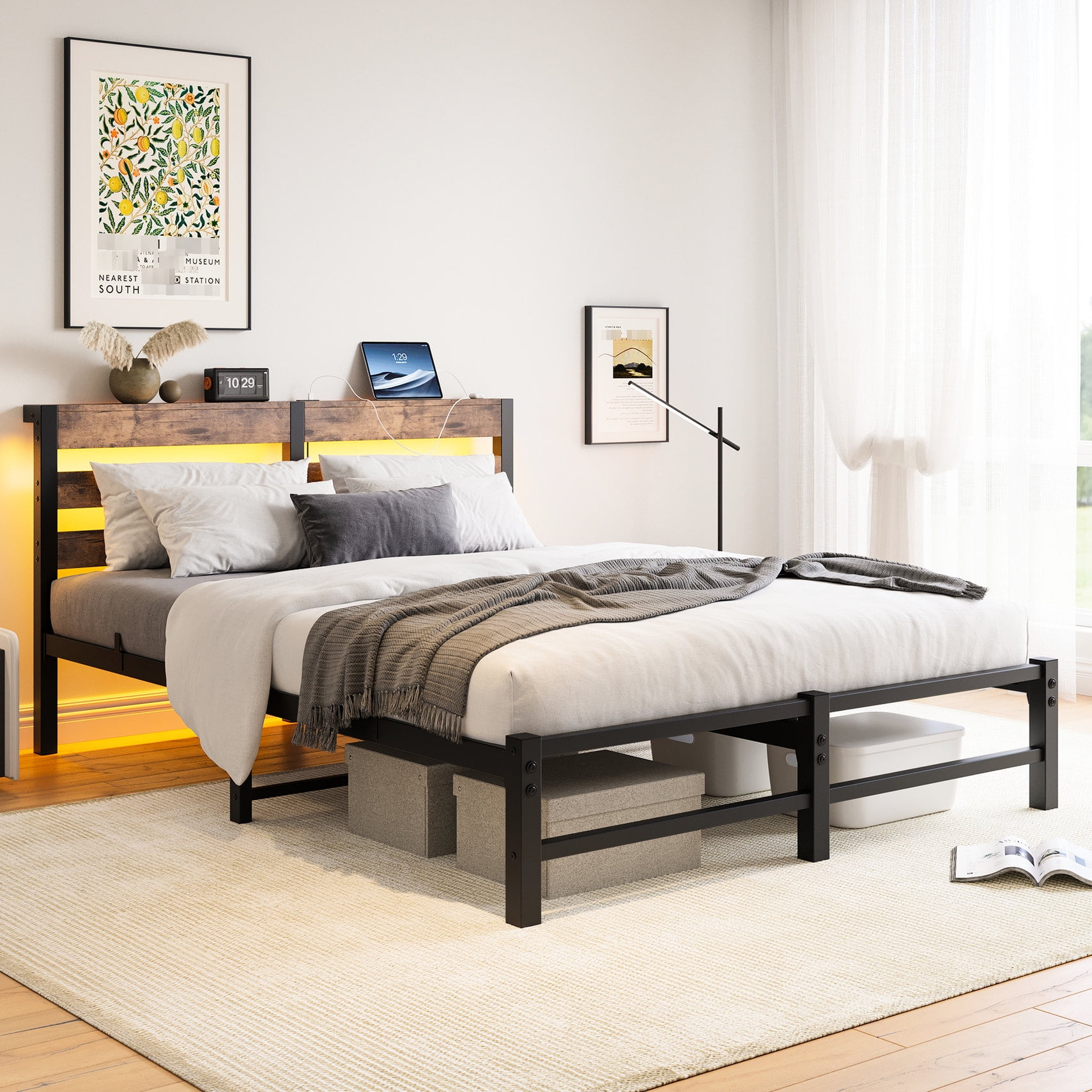 Queen Metal Bed Frame with Brown Wooden Headboard | Noise - Free Design, Convenient Storage ...