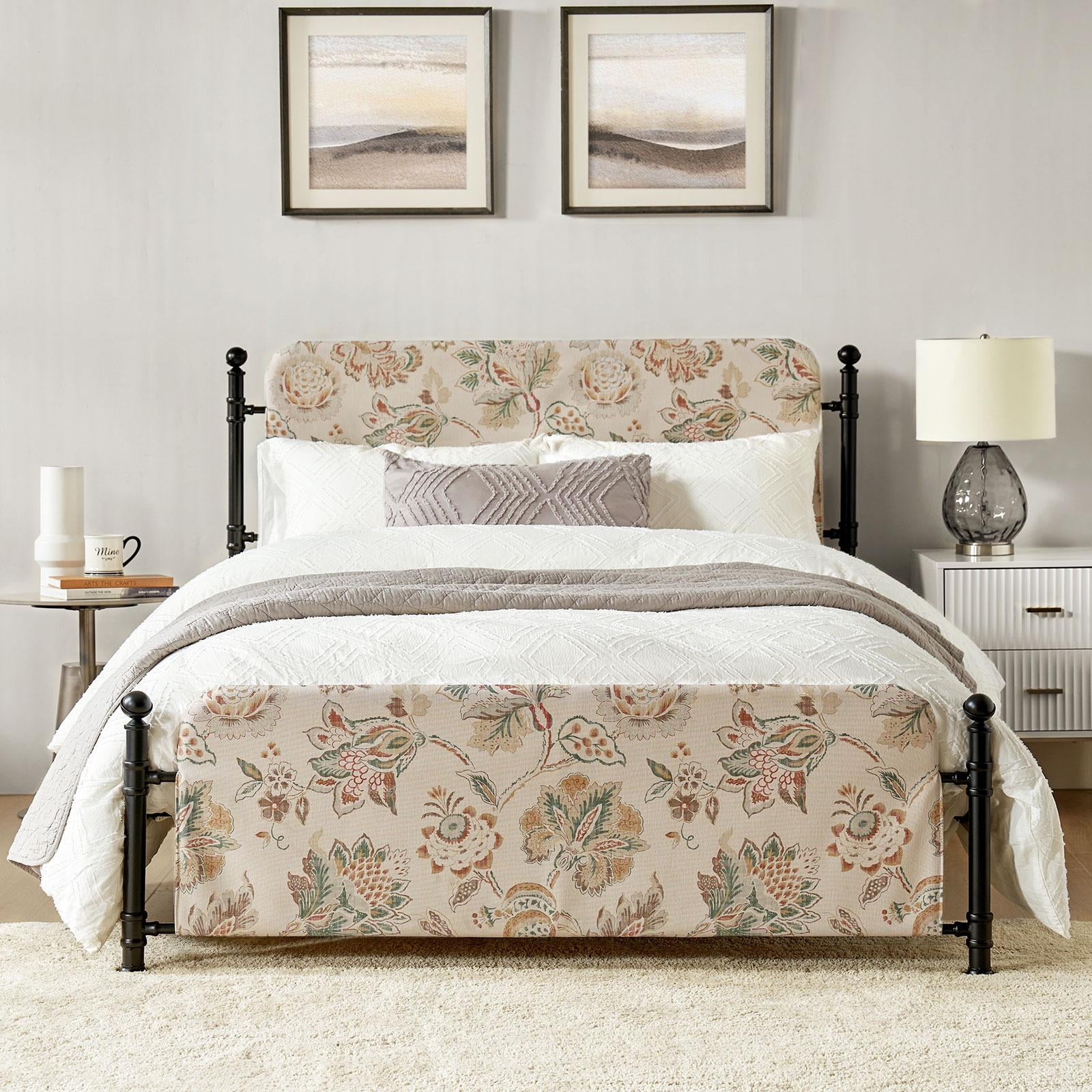 Queen Metal Platform Bed Frame Washable Beige Upholstered Slipcover ...