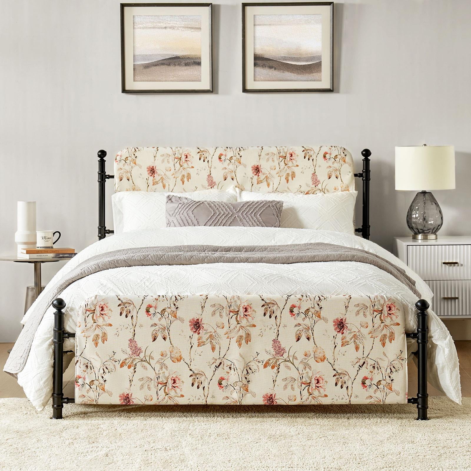 Queen Metal Platform Bed Frame Washable Floral Upholstered Slipcover with Headboard Footboard Under Bed Storage Space Black Walmart Business Supplies