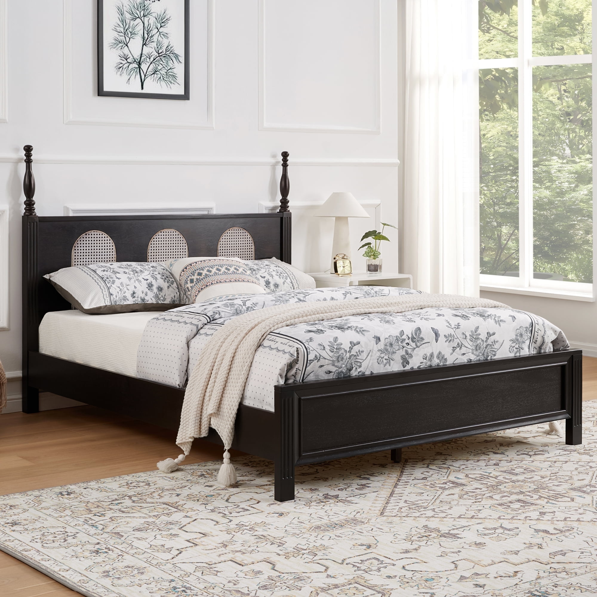 FlexiSpot Queen Mid Century Solid Wood Bed Frame with Rattan Headboard ...