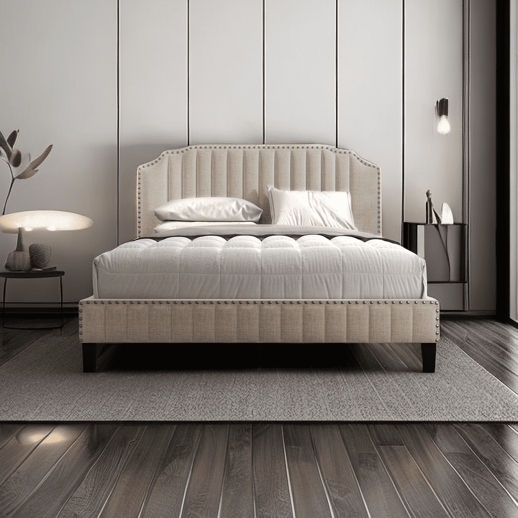 Queen Modern Linen Curved Upholstered Platform Bed Solid Wood Frame ...
