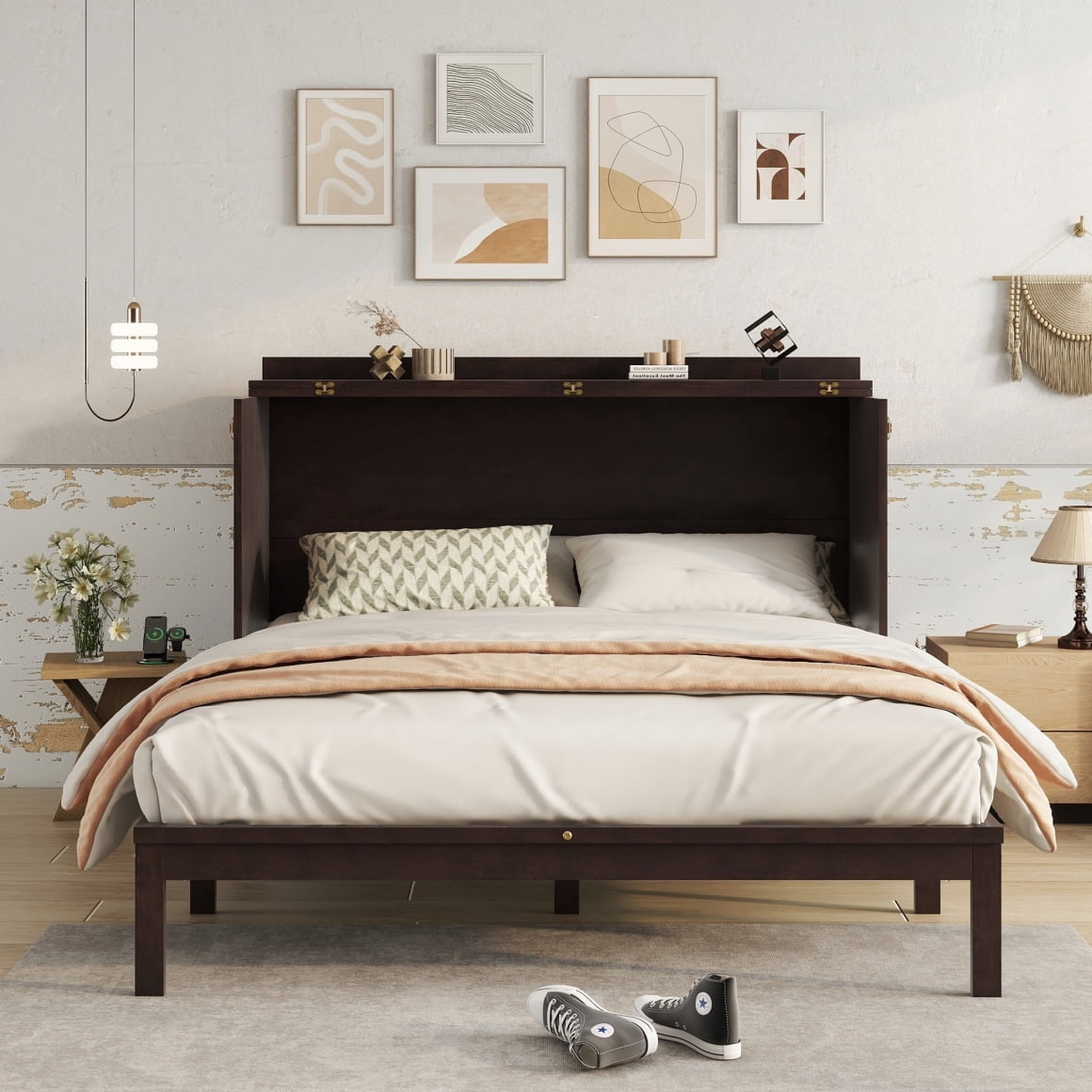 Queen Murphy Bed Cabinet with Charging Station, Pine Wood Hideaway Bed ...