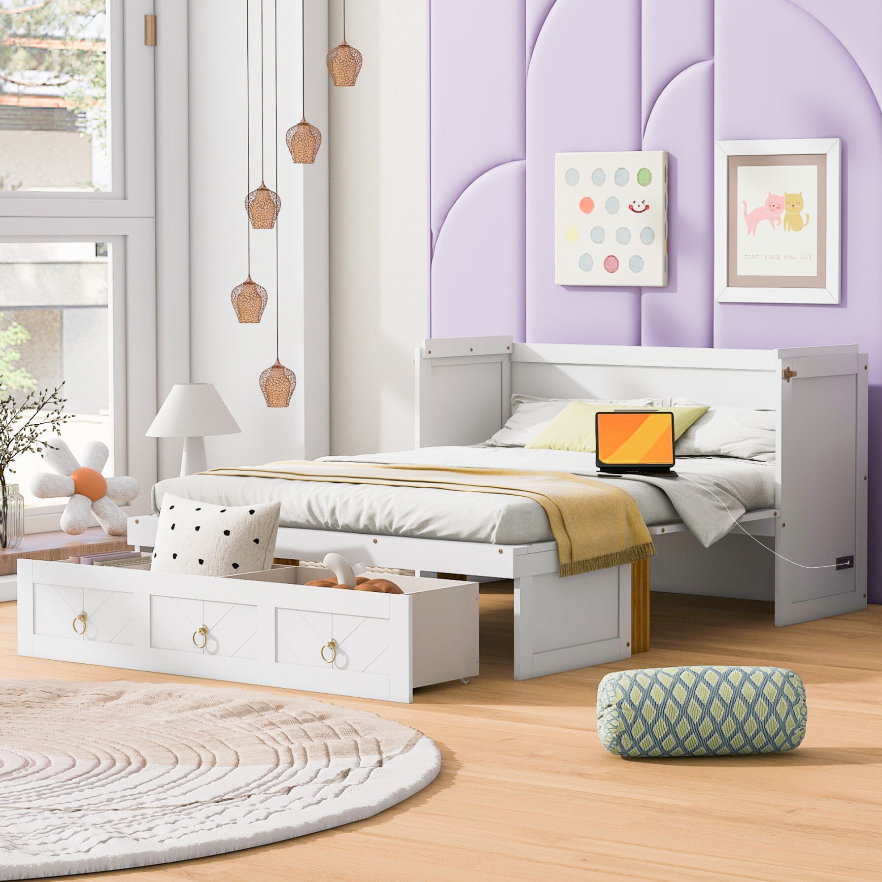 Queen Murphy Bed with USB Port and a Large Drawer,Multi-Functional 2-in ...