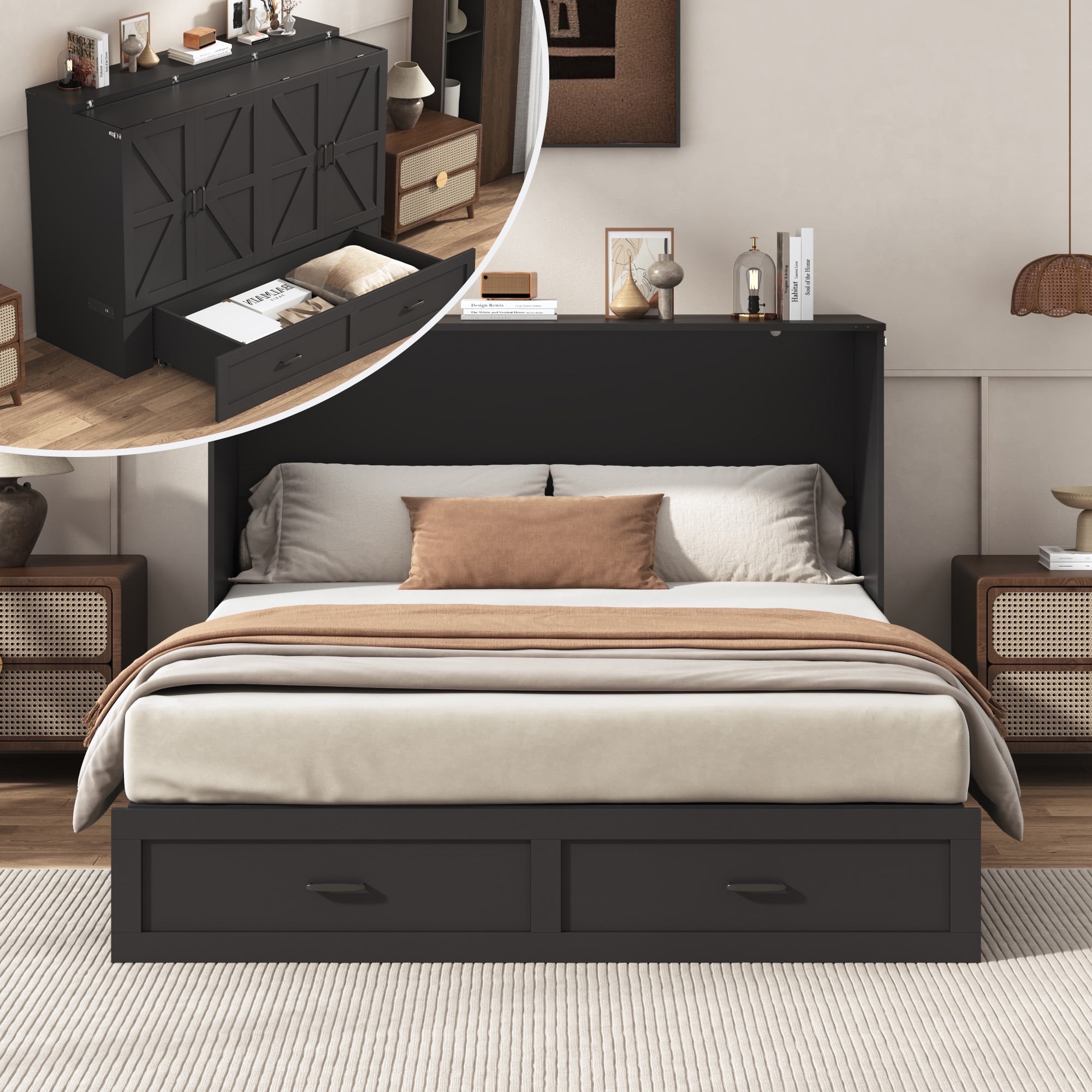 Queen Murphy Bed with Charging Station, Farmhouse Murphy cabinet with ...