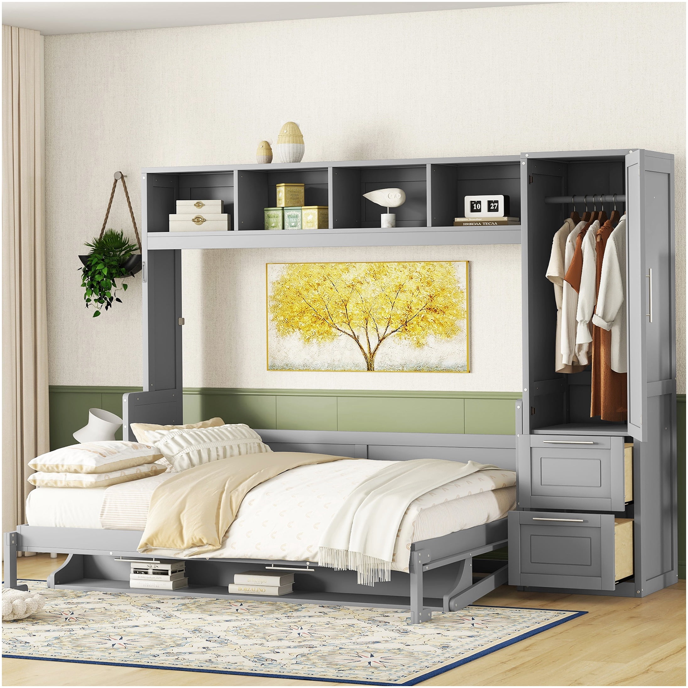 Queen Murphy Bed with Wardrobe and Drawers, Space Saving Wall Bed with ...