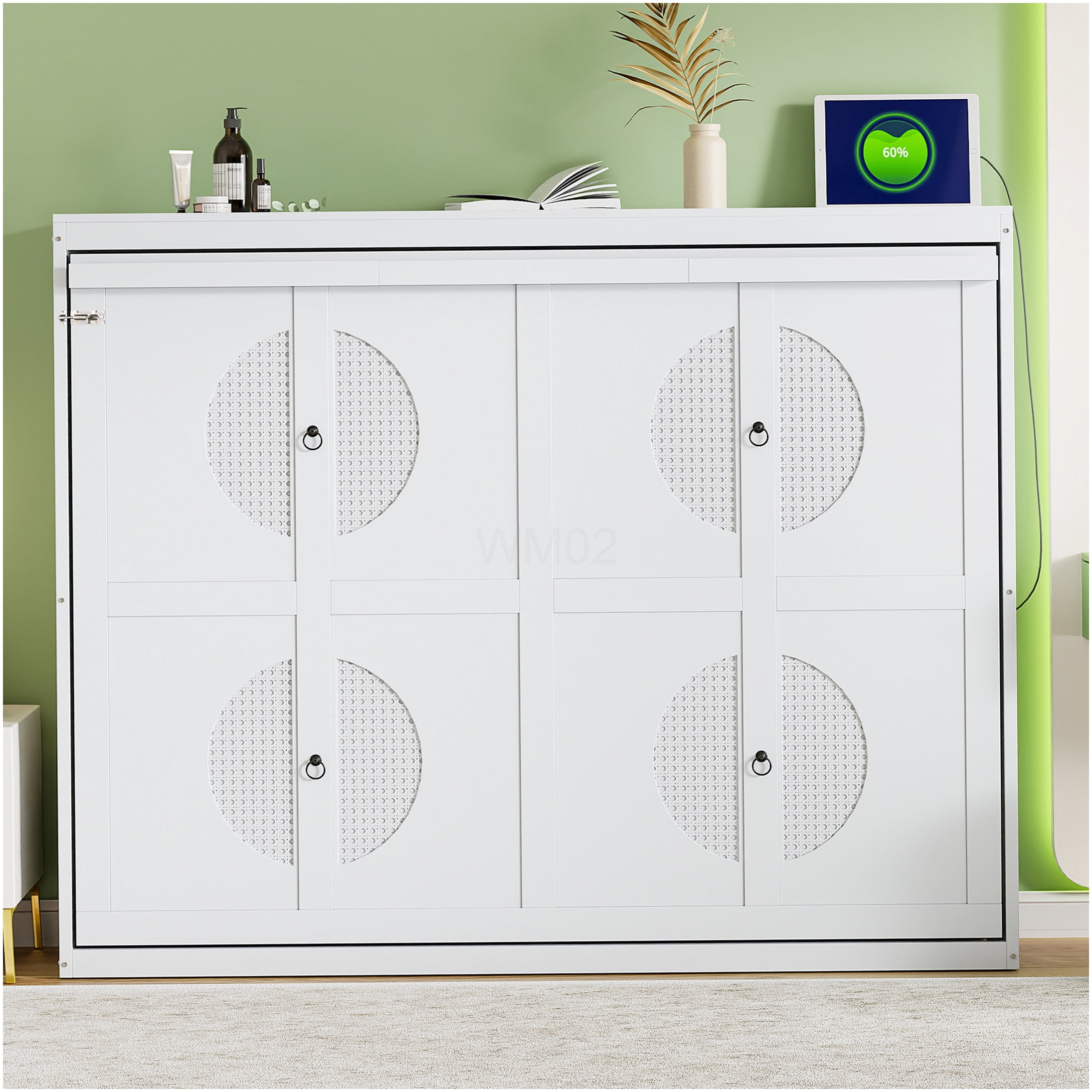 Queen Murphy Cabinet Bed, White Space Saving Wall Bed with Storage ...