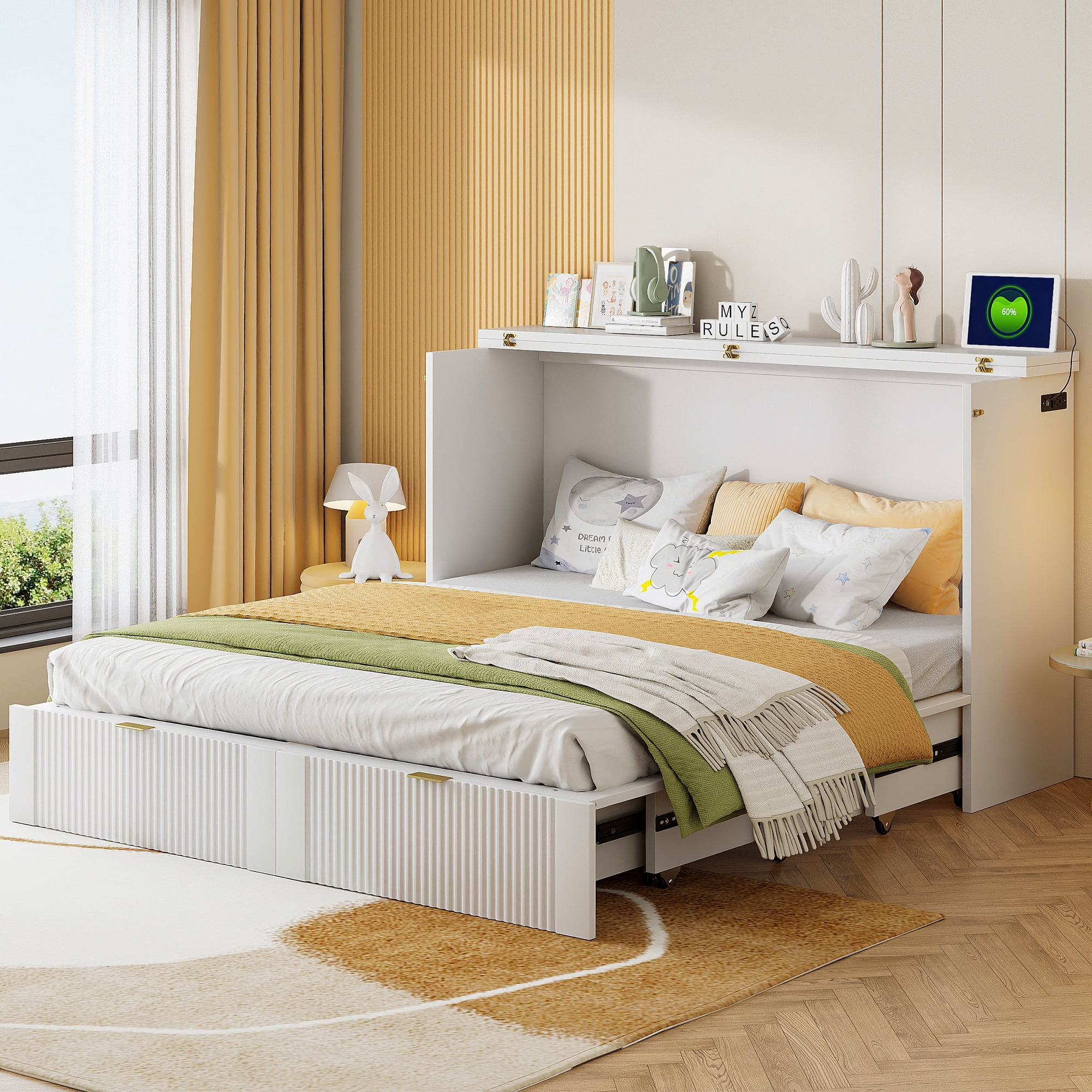 Queen Murphy Wall Bed with Drawer, Integrated Sockets & USB, Smooth ...
